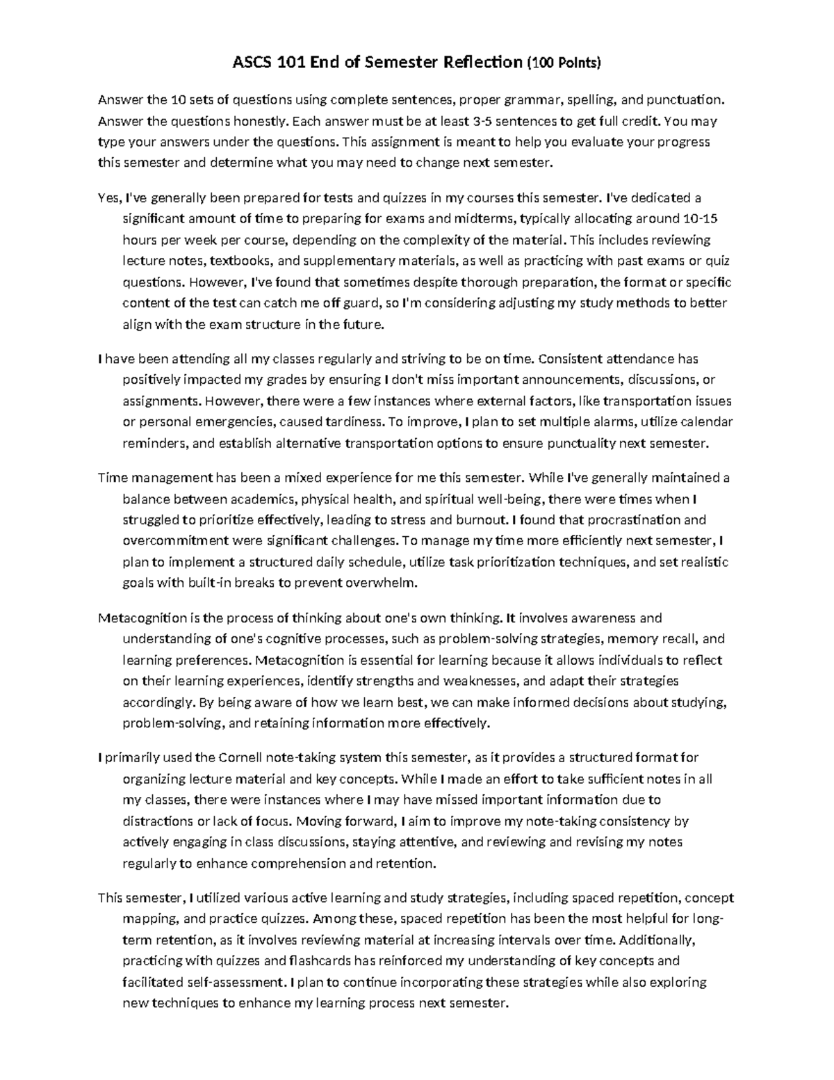 ASCS101 End of Semester Reflection-1 - Answer the questions honestly ...