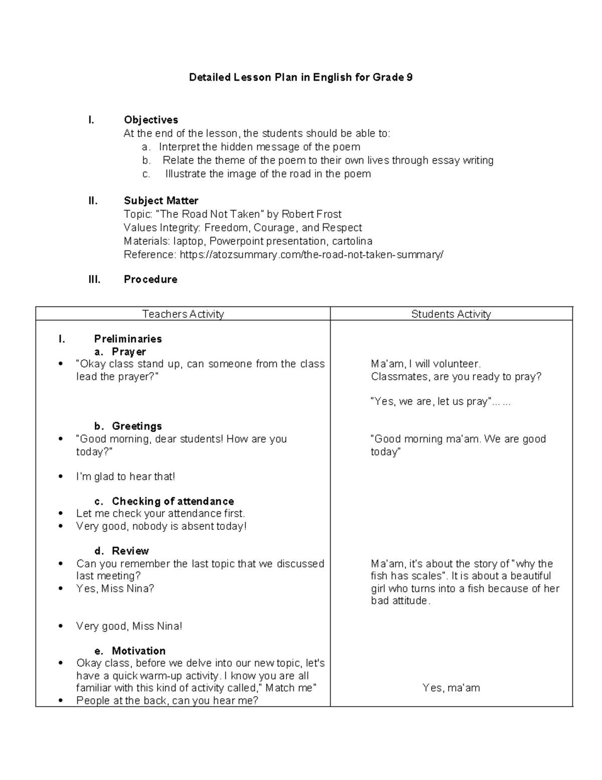 Detailed Lesson Plan in English for Grade 9 - Objectives At the end of ...
