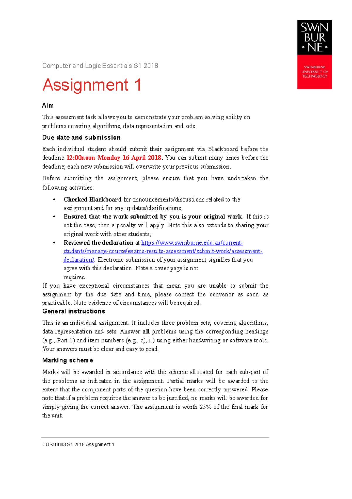 Computer and Logic Essentials S1 2018 Assignment 1 - Studocu