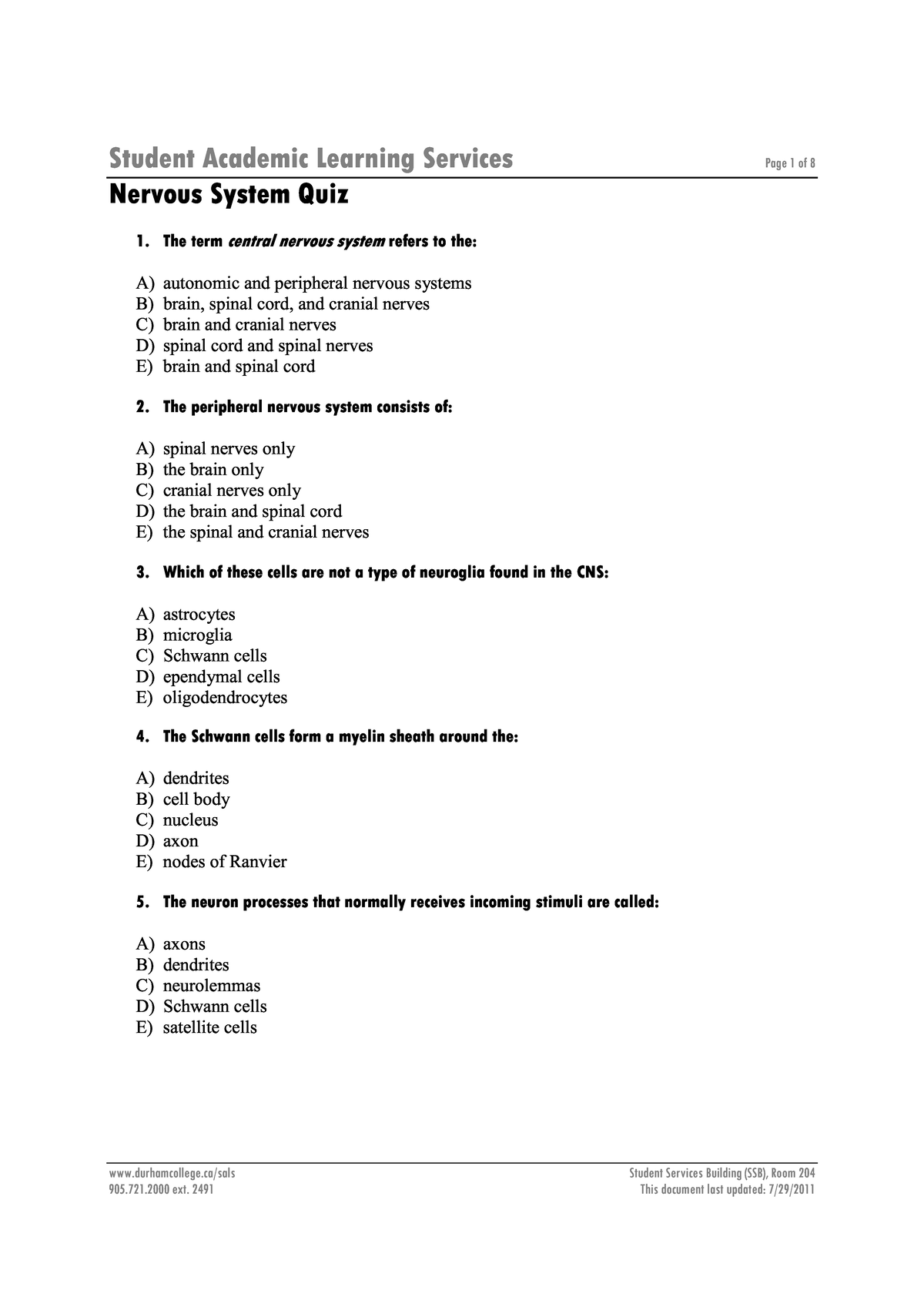 Nervous System Multiple Choice - - Studocu