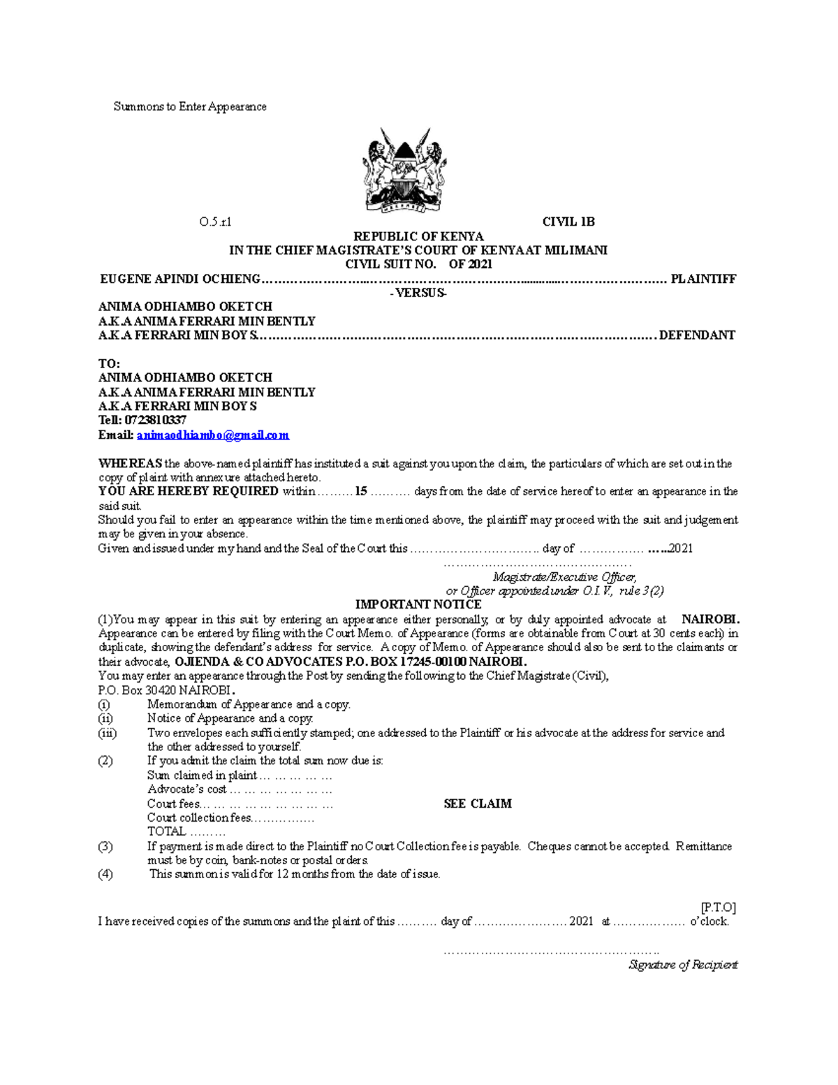 Summons to enter apearance Eugene - business law - MKU - Studocu