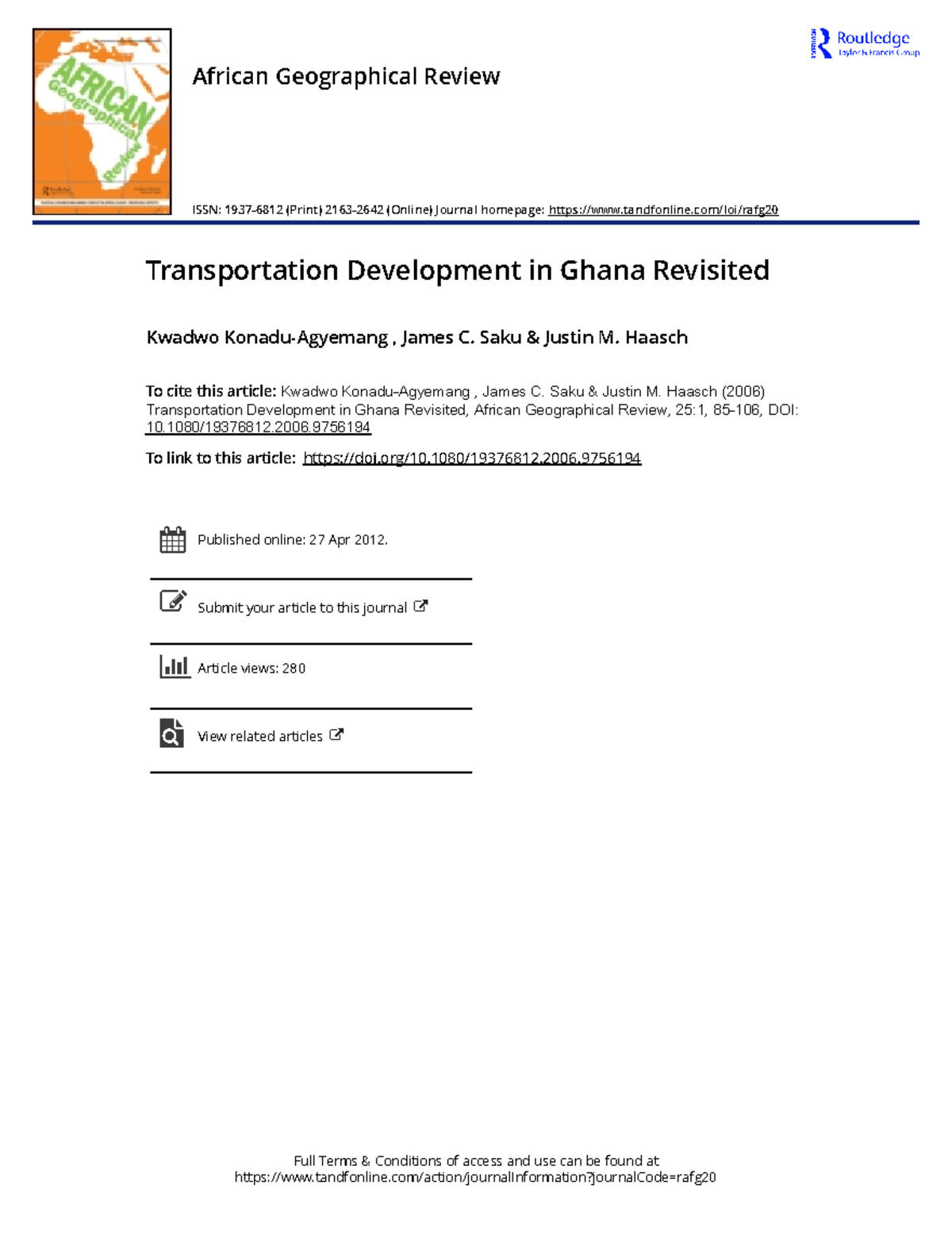 Transportation Development in Ghana Revisited - Full Terms & Conditions ...
