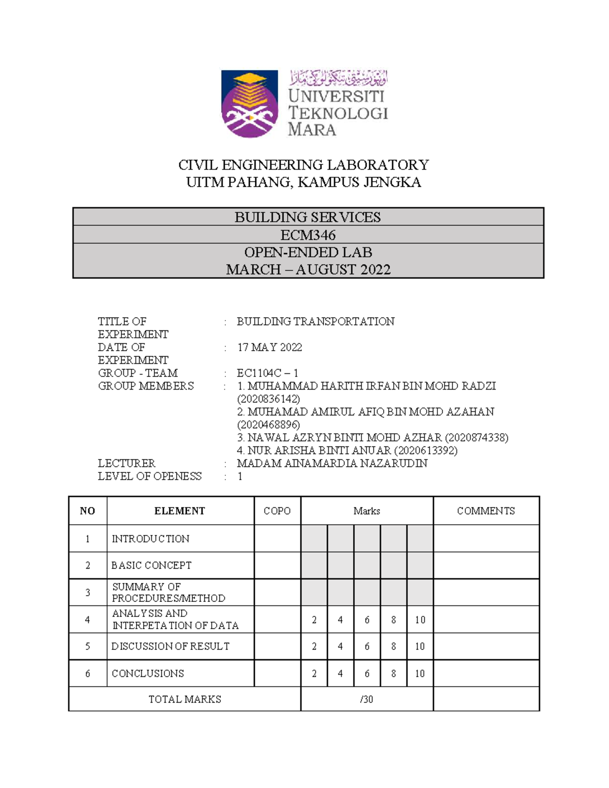 EC1104C Group 1 ECM346 Laboratory Report 10 Building Transportations ...