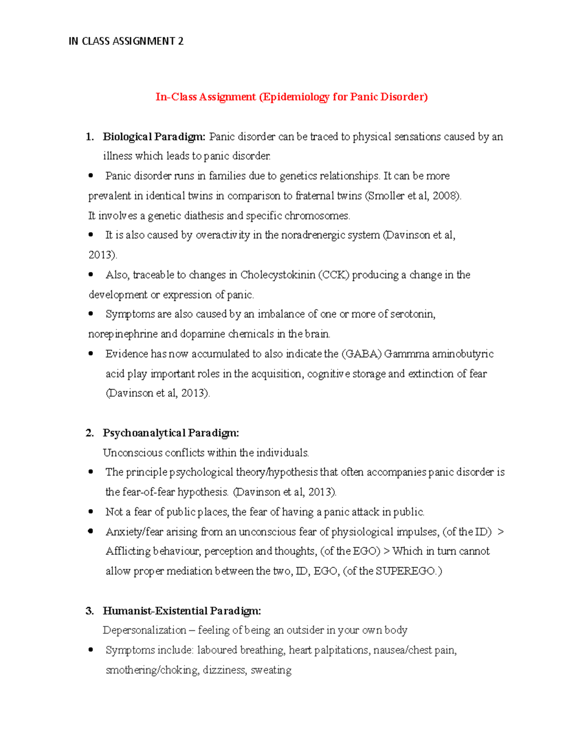 In class exercise for Panic Disorders - IN CLASS ASSIGNMENT 2 In-Class ...