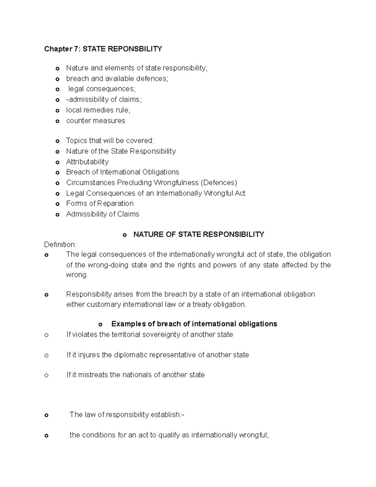 Chapter 7 state responsibility - Chapter 7: STATE REPONSBILITY o o o o ...