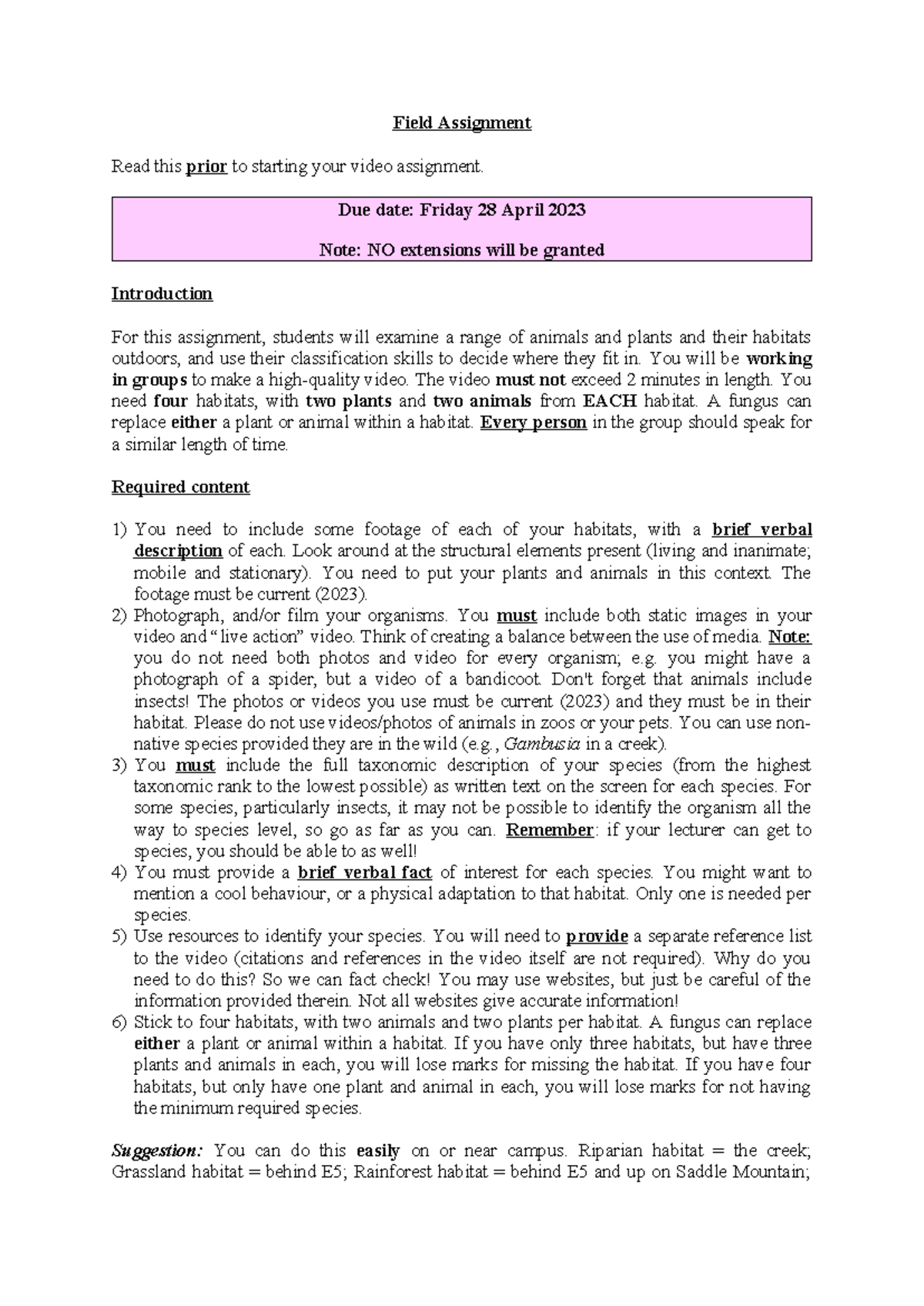 Field Assignment 2023 - Notes - Field Assignment Read this prior to ...