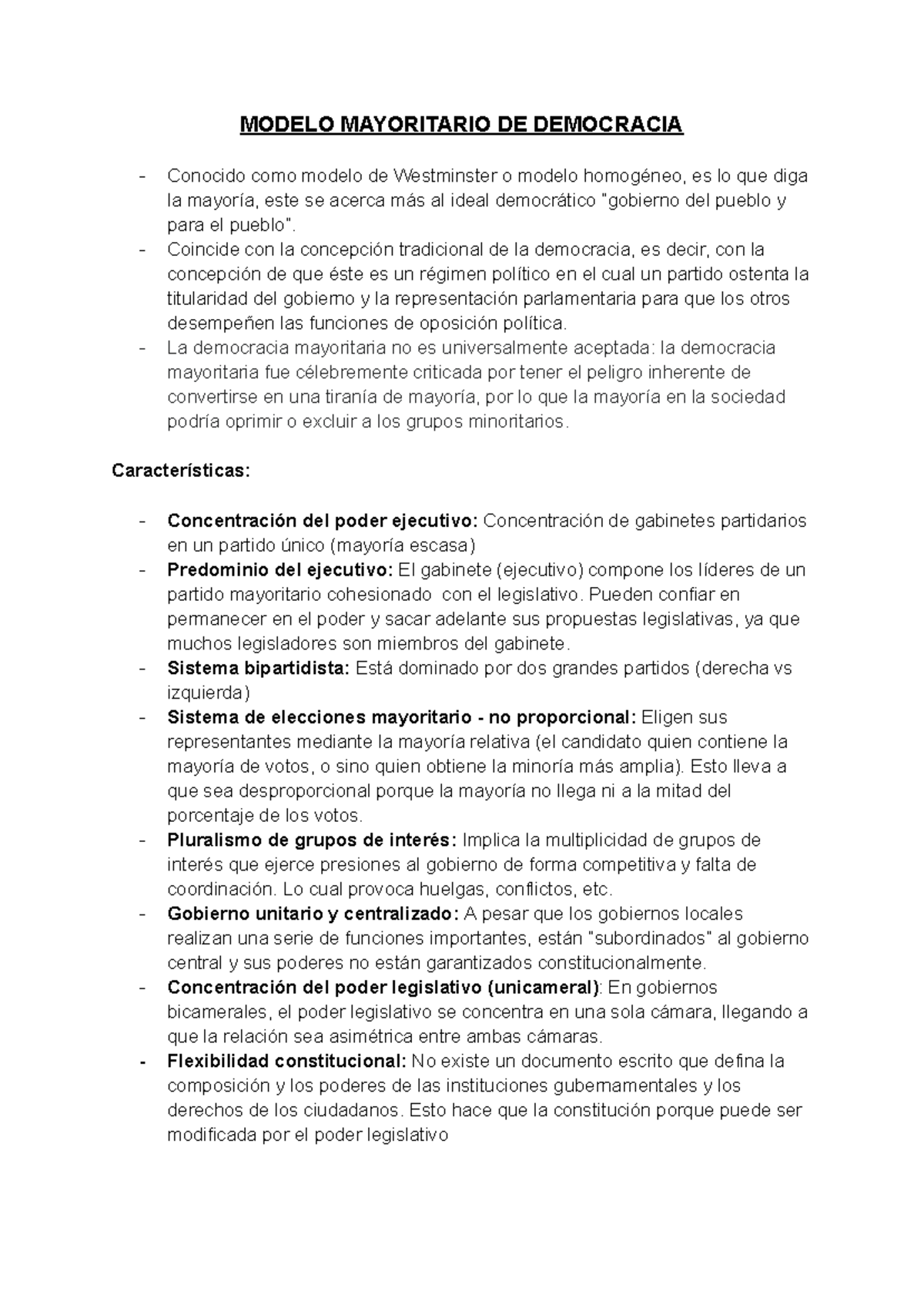 Modelos Mayoritario - MODELO MAYORITARIO DE DEMOCRACIA Conocido como ...