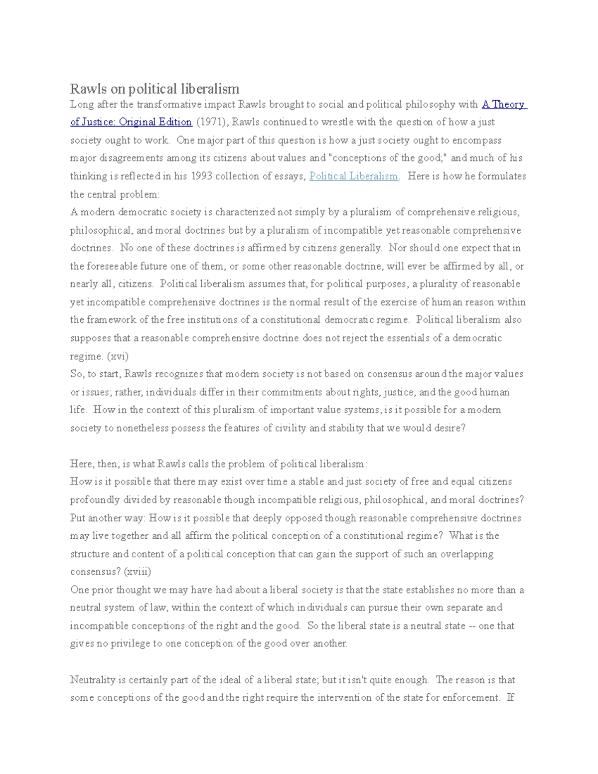 Summary Political Liberalism 2 - Rawls on political liberalism Long ...