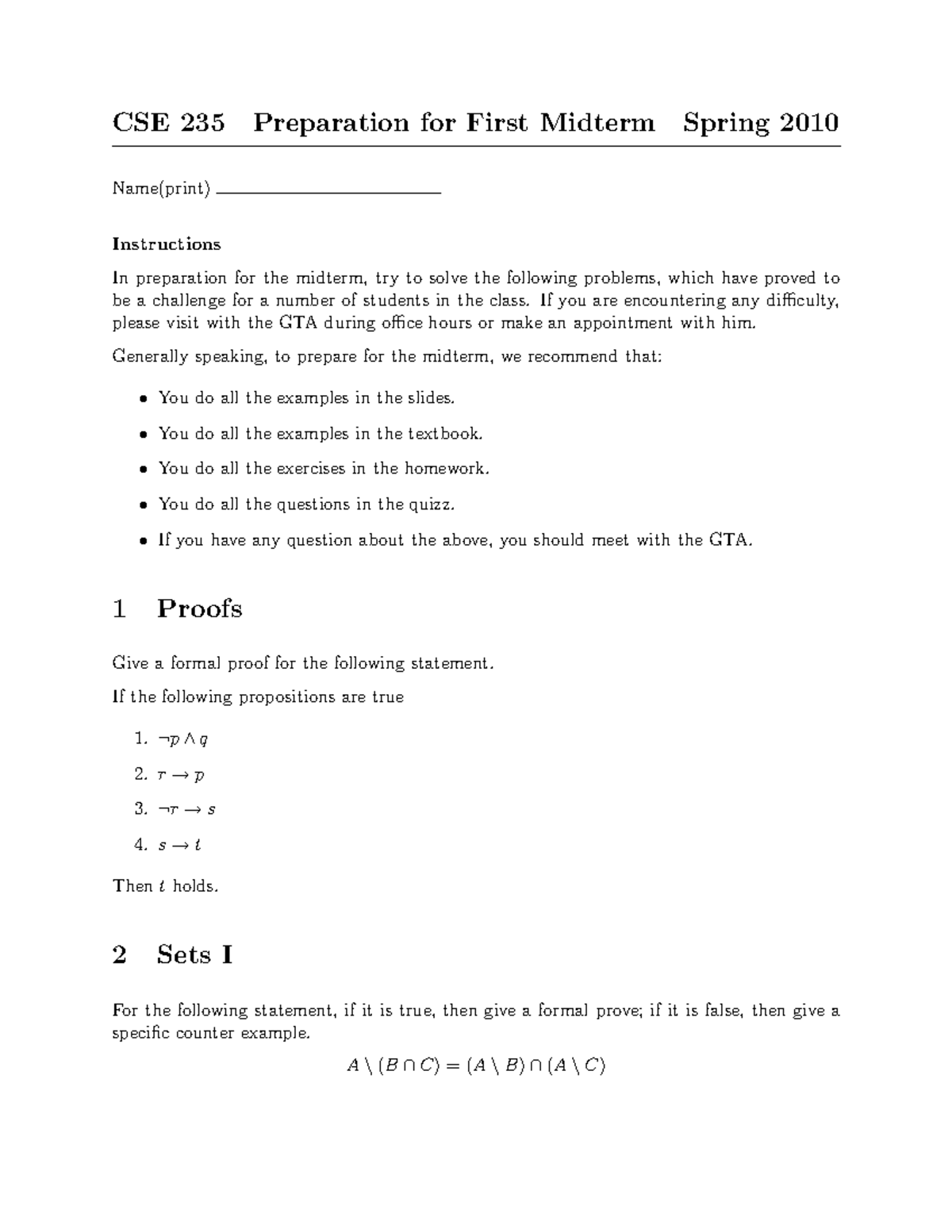 Exam1Prepare - sasa - CSE 235 Preparation for First Midterm Spring 2010 ...