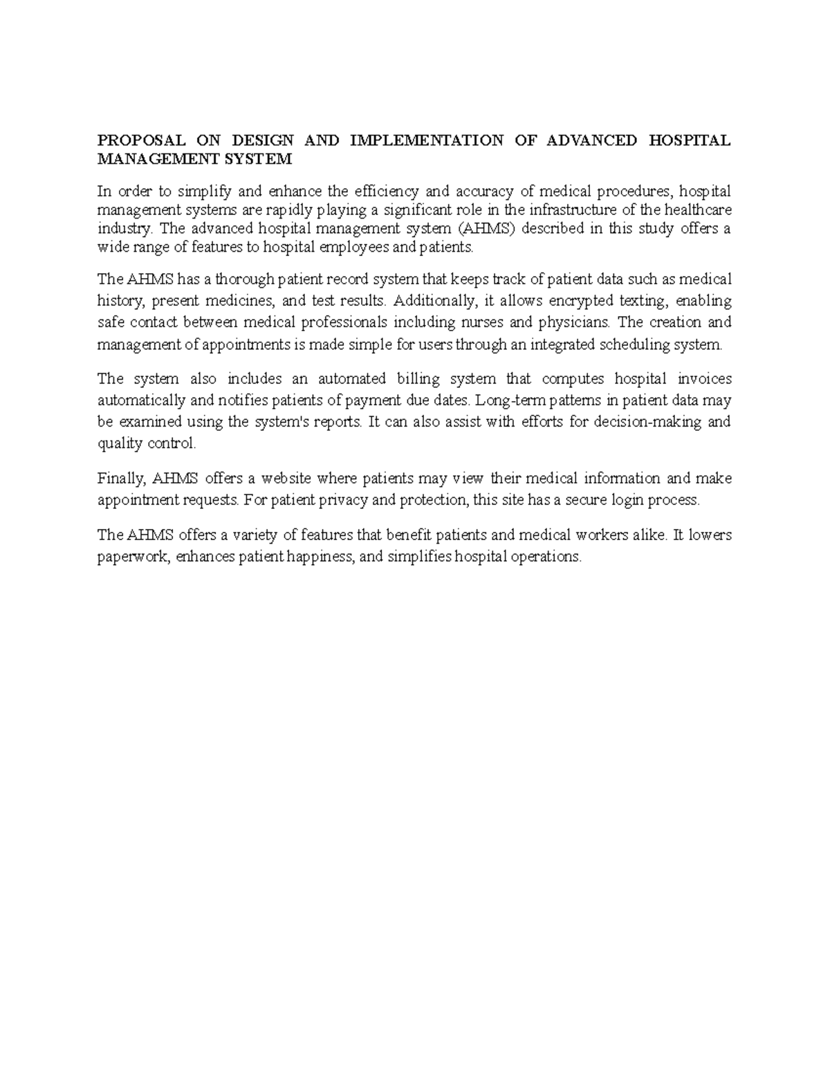 Proposal ON Design AND Implementation OF Advanced Hospital Management ...