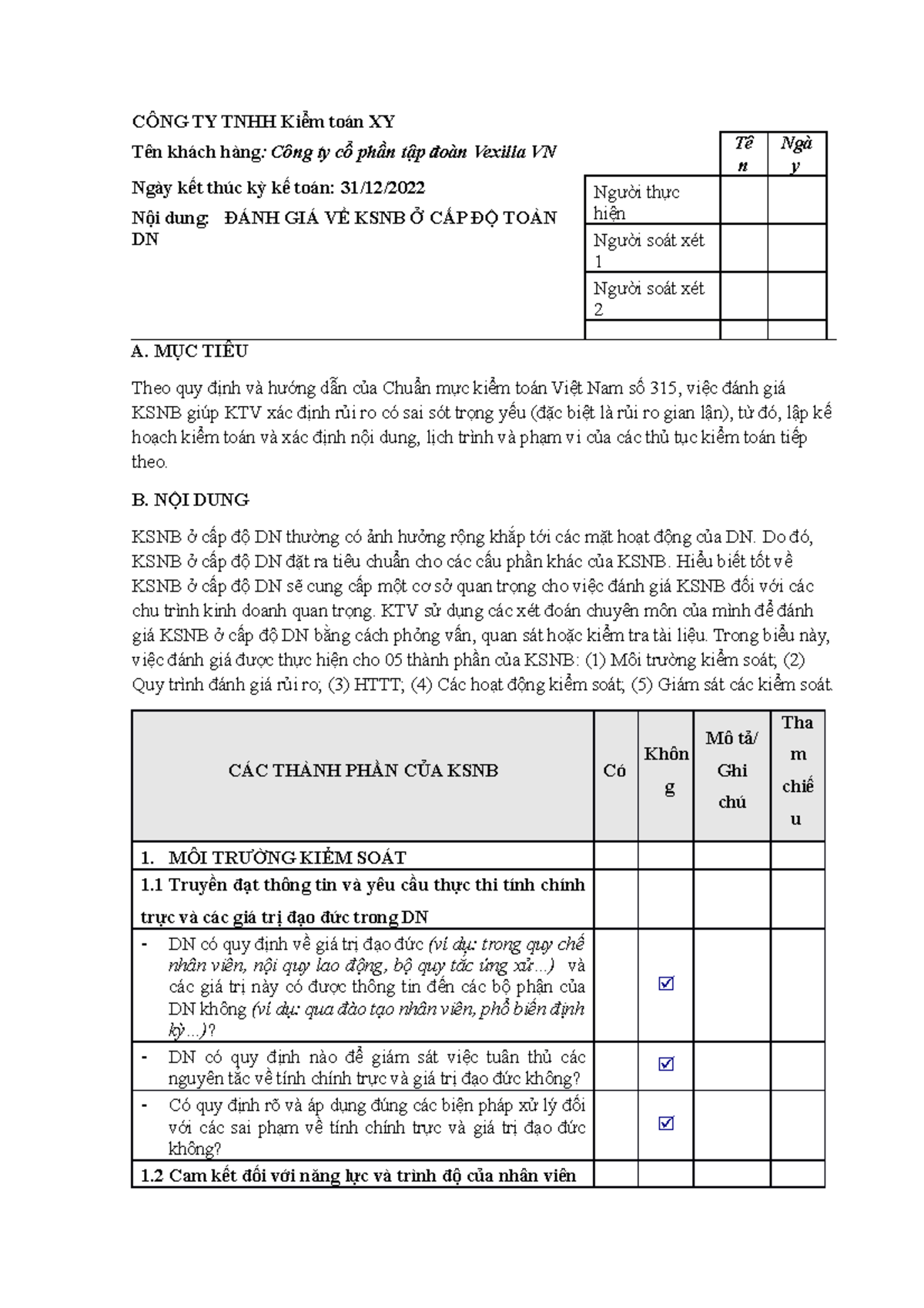 A610 Đánh giá KSNB và rủi ro gian lận - CÔNG TY TNHH Kiểm toán XY Tên ...