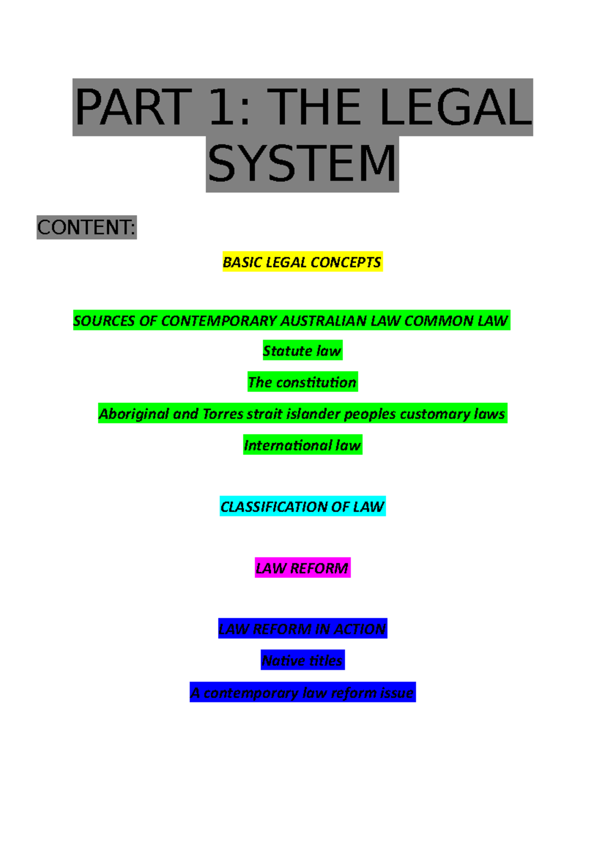 PART 1- THE Legal System - PART 1: THE LEGAL SYSTEM CONTENT: BASIC ...