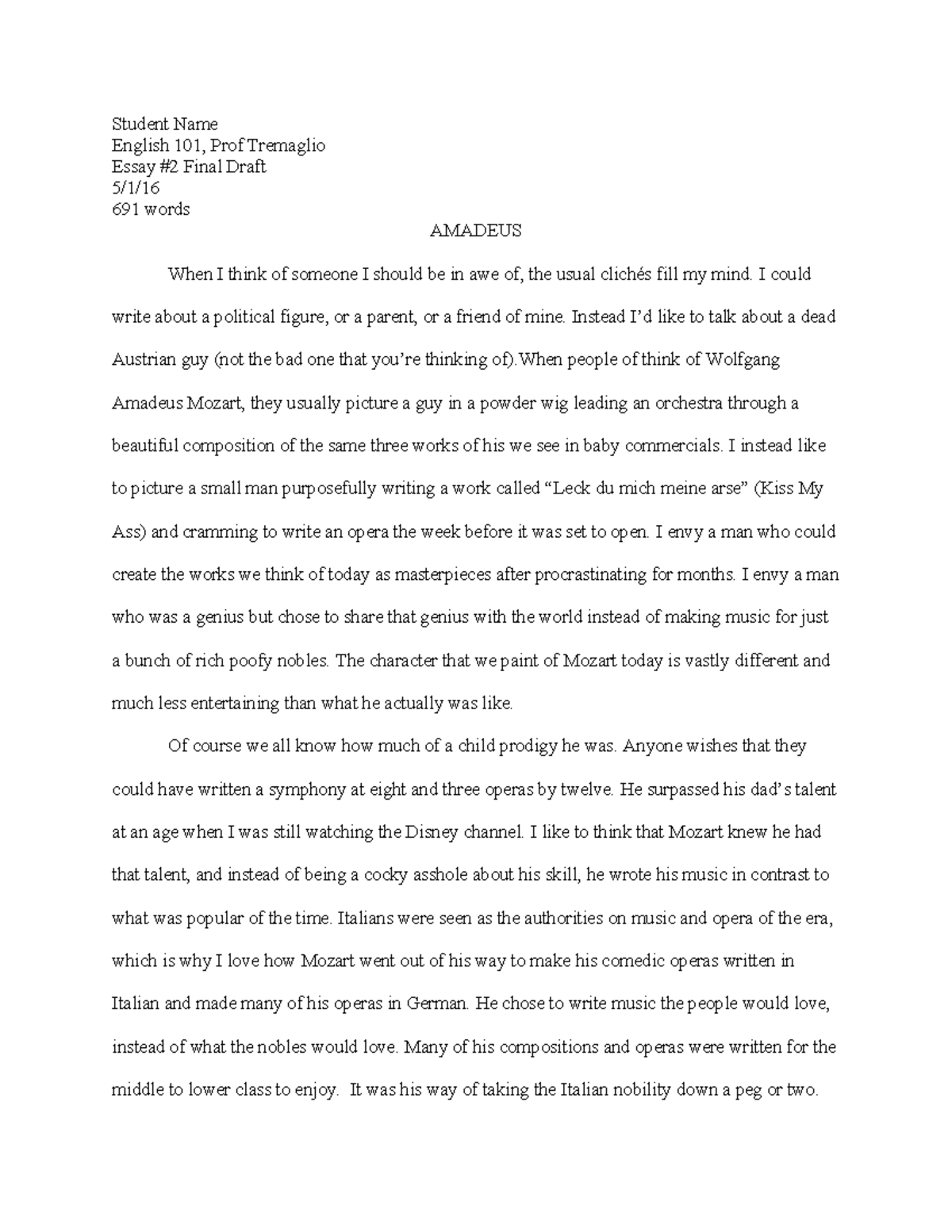 101 P2 Sample Amadeus-1 - Student Name English 101, Prof Tremaglio ...