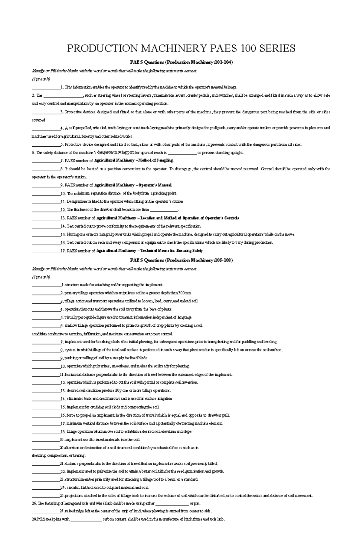 Production- Machinery- Questionairre - PRODUCTION MACHINERY PAES 100 ...