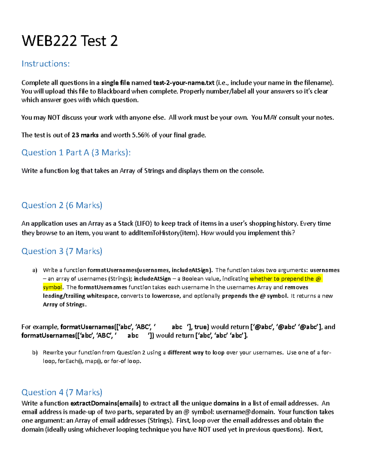 Test-2 - test 2 information - WEB222 Test 2 Instructions: Complete all ...