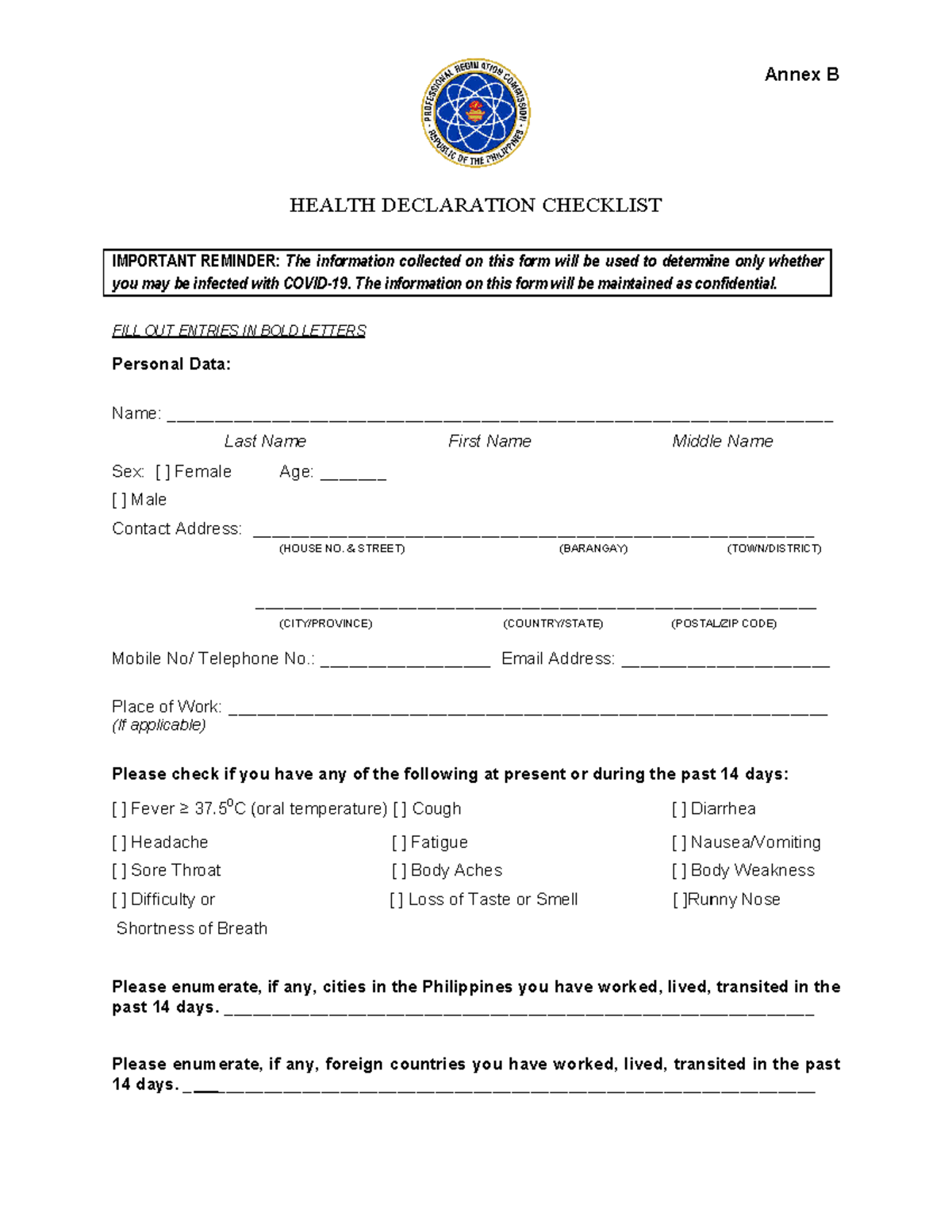 Annex B - March 2022 LEPT Davao - HEALTH DECLARATION CHECKLIST ...