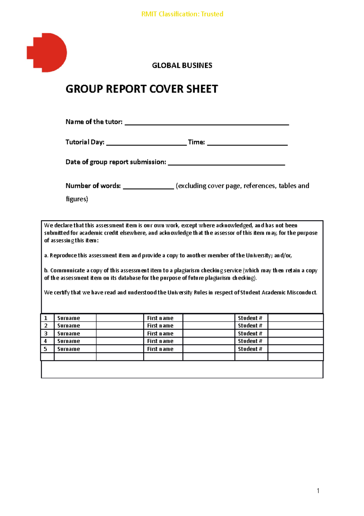 Group Report Cover Sheet - GLOBAL BUSINES GROUP REPORT COVER SHEET Name ...