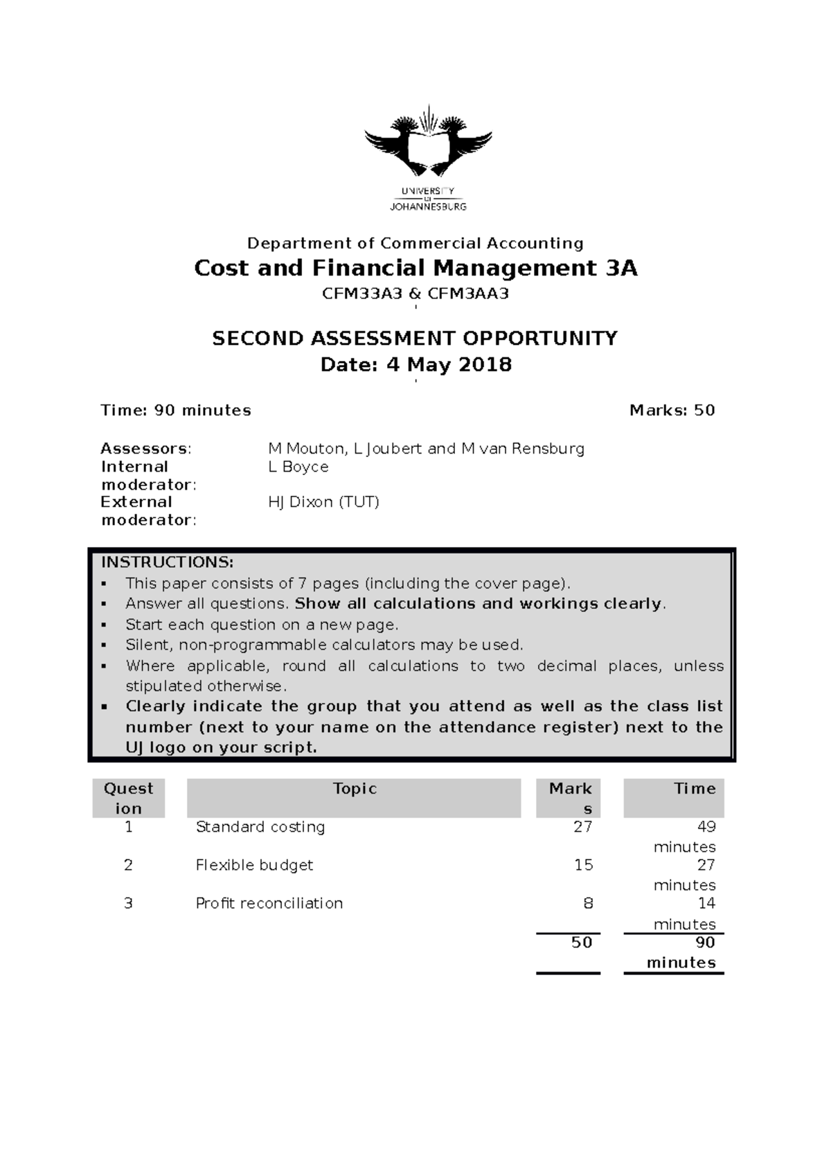 CFM TEST 2 2018 - Cost and Financial Management Exam - Department of ...