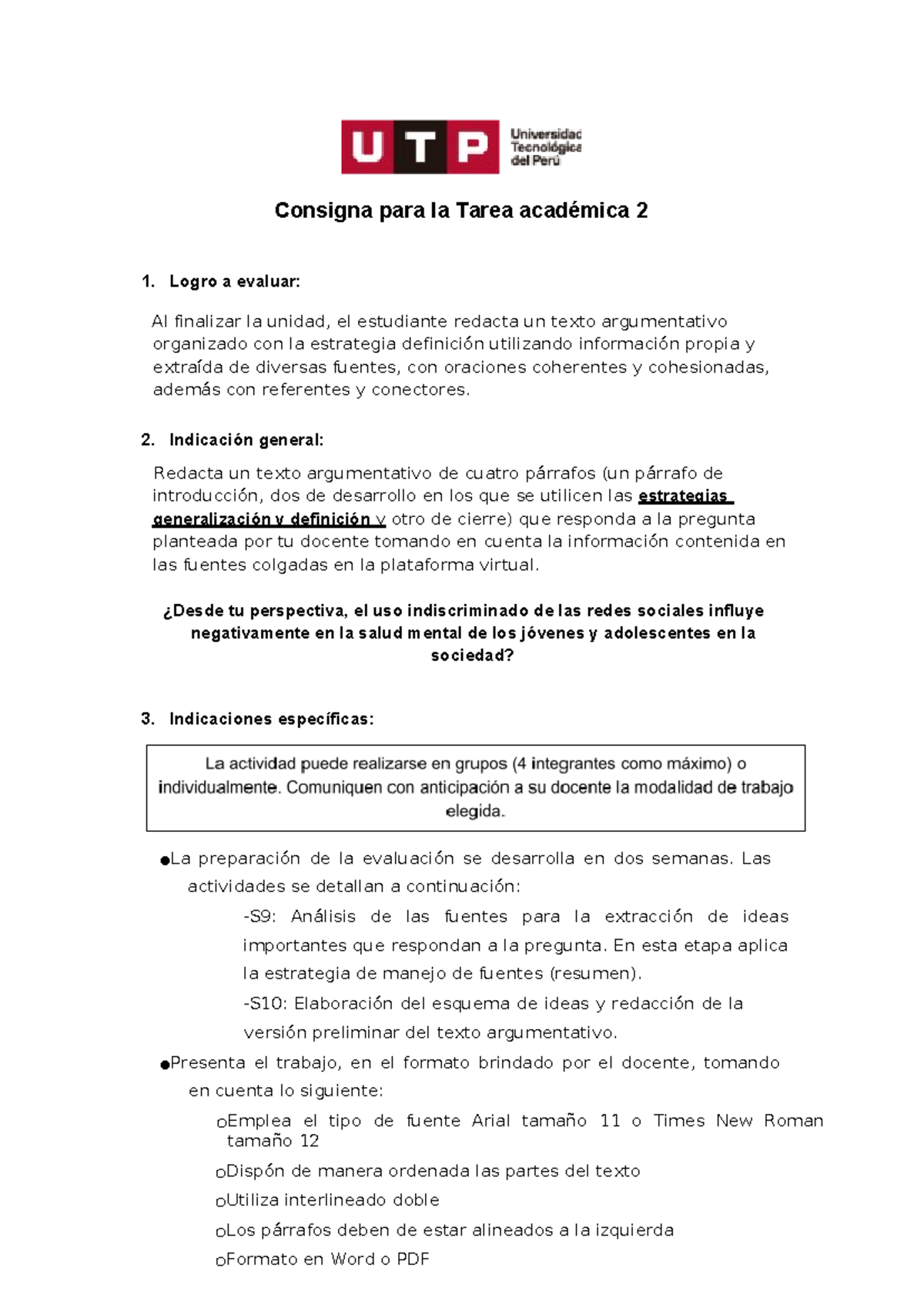 Semana 11 TA2 Redaccion Final - Consigna para la Tarea académica 2 1. Logro a evaluar: Al ...