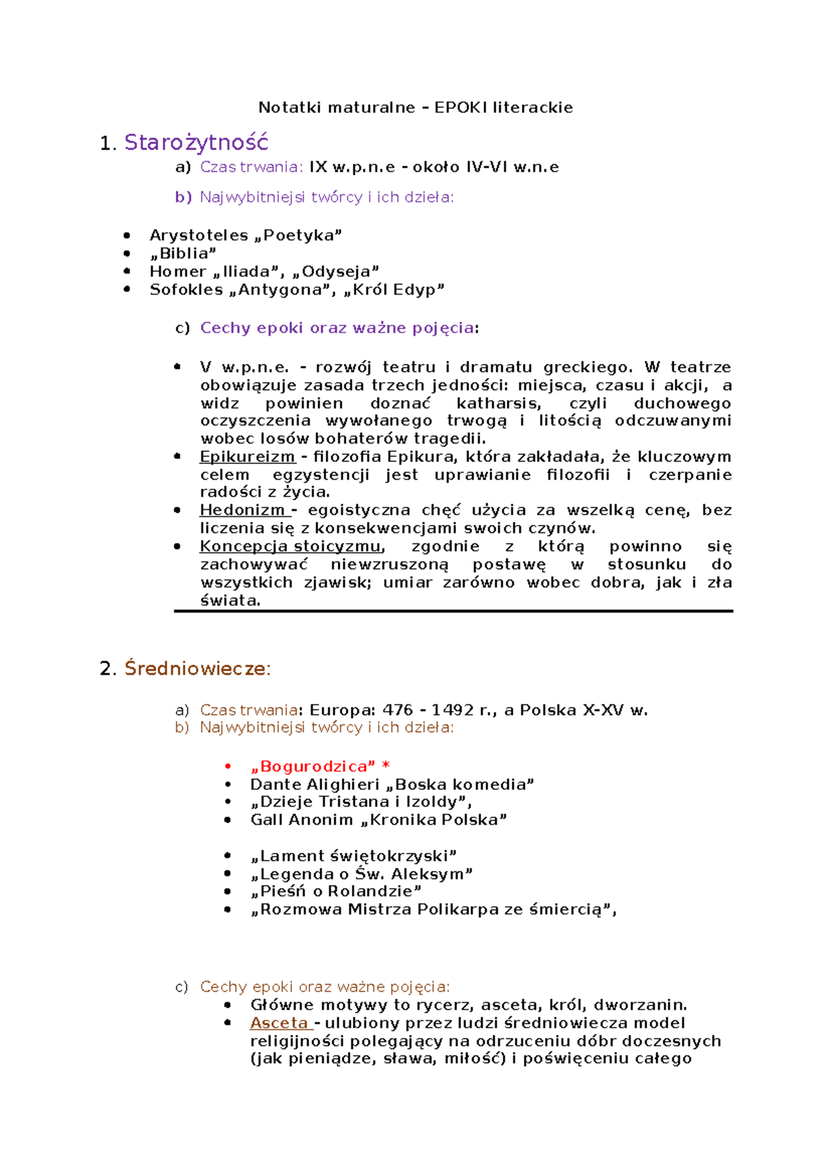 Epoki-literackie - notatkki - Notatki maturalne – EPOKI literackie 1 ...