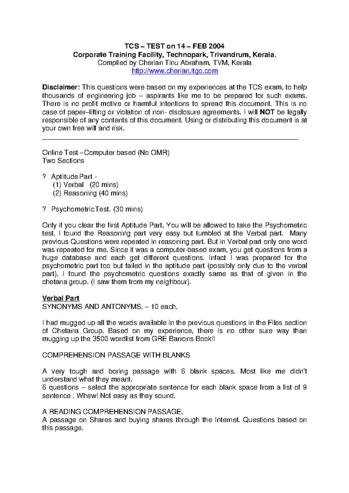 (www.entrance-exam.net)-TCS Placement Sample Paper 12 - TCS – TEST on ...