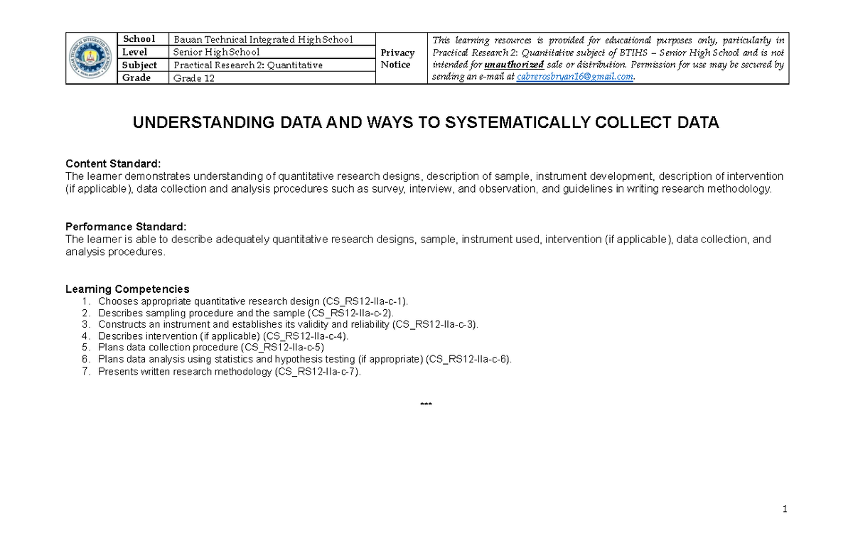 Q2 W1-4 Understanding Data and Ways to Systematically Collect Data-2 - Privacy Notice This ...