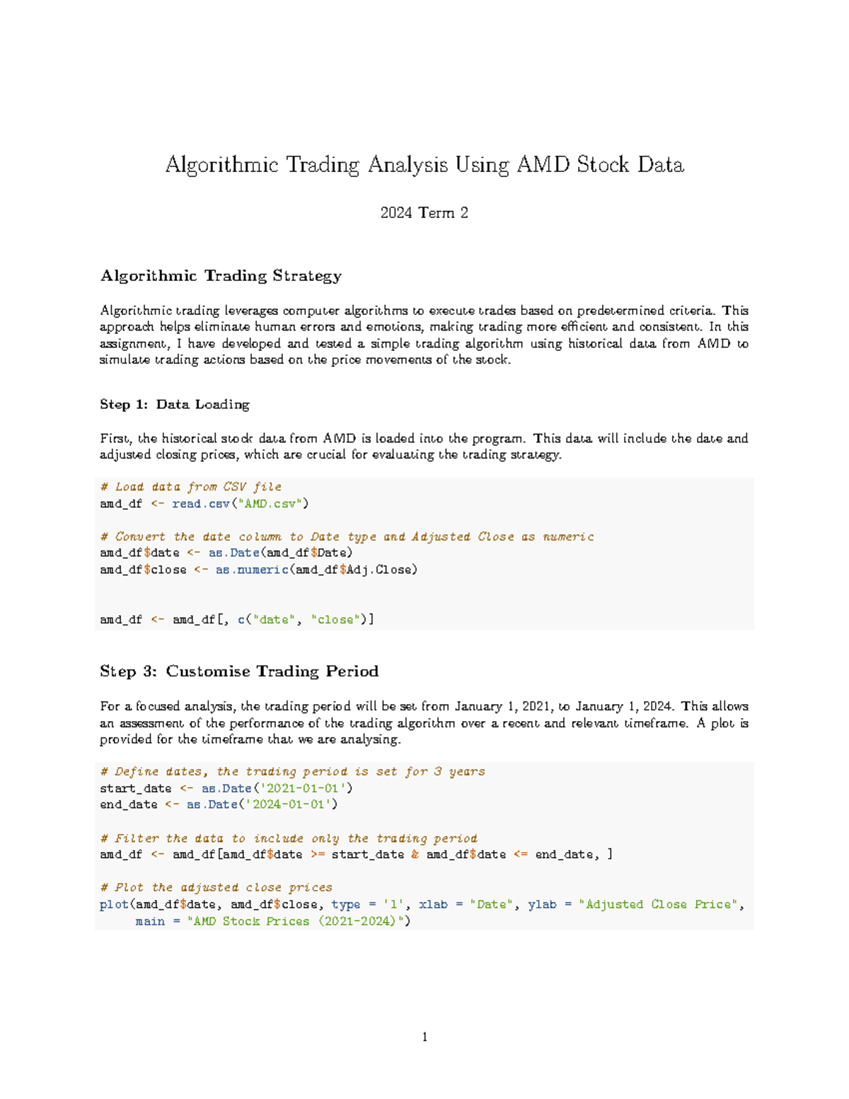 Trading starter - Assignment 1 ACTL1101 knitted, with code and analysis - Algorithmic Trading ...