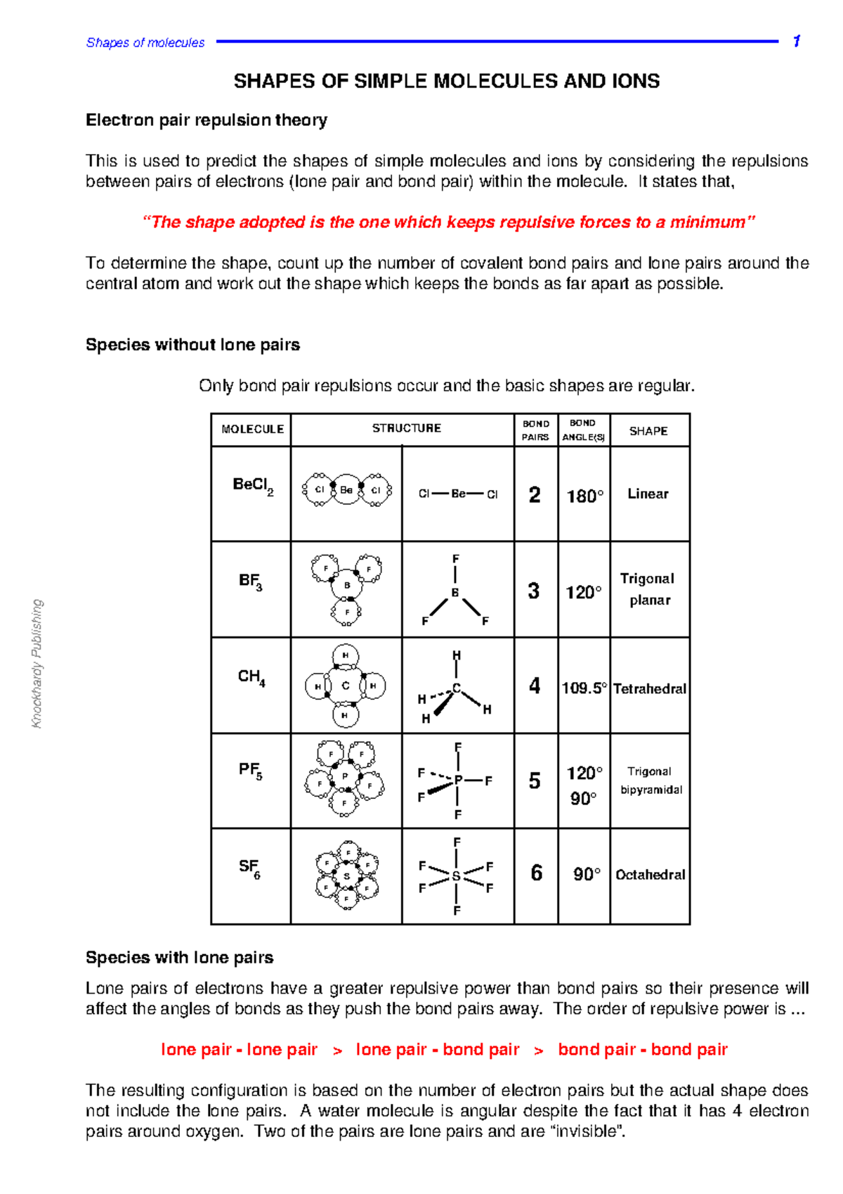 Shapes of molecules notes - SHAPES OF SIMPLE MOLECULES AND IONS ...