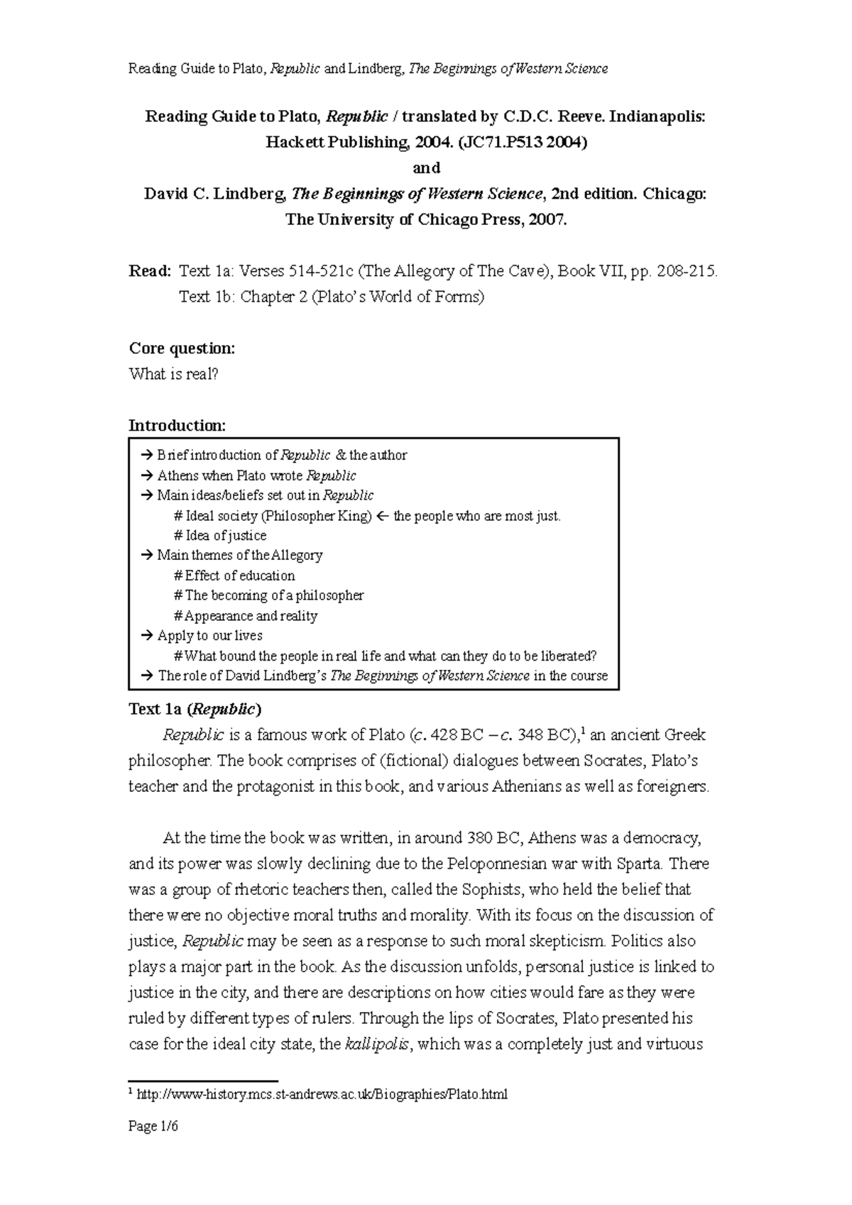 01Reading Guide-Plato-Lindberg - Reading Guide to Plato, Republic ...