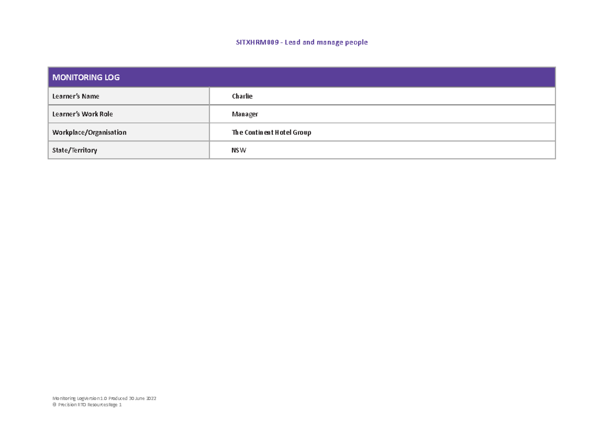 Task 2C Sitxhrm 009-Monitoring-Log (jay) - SITXHRM009 - Lead and manage ...