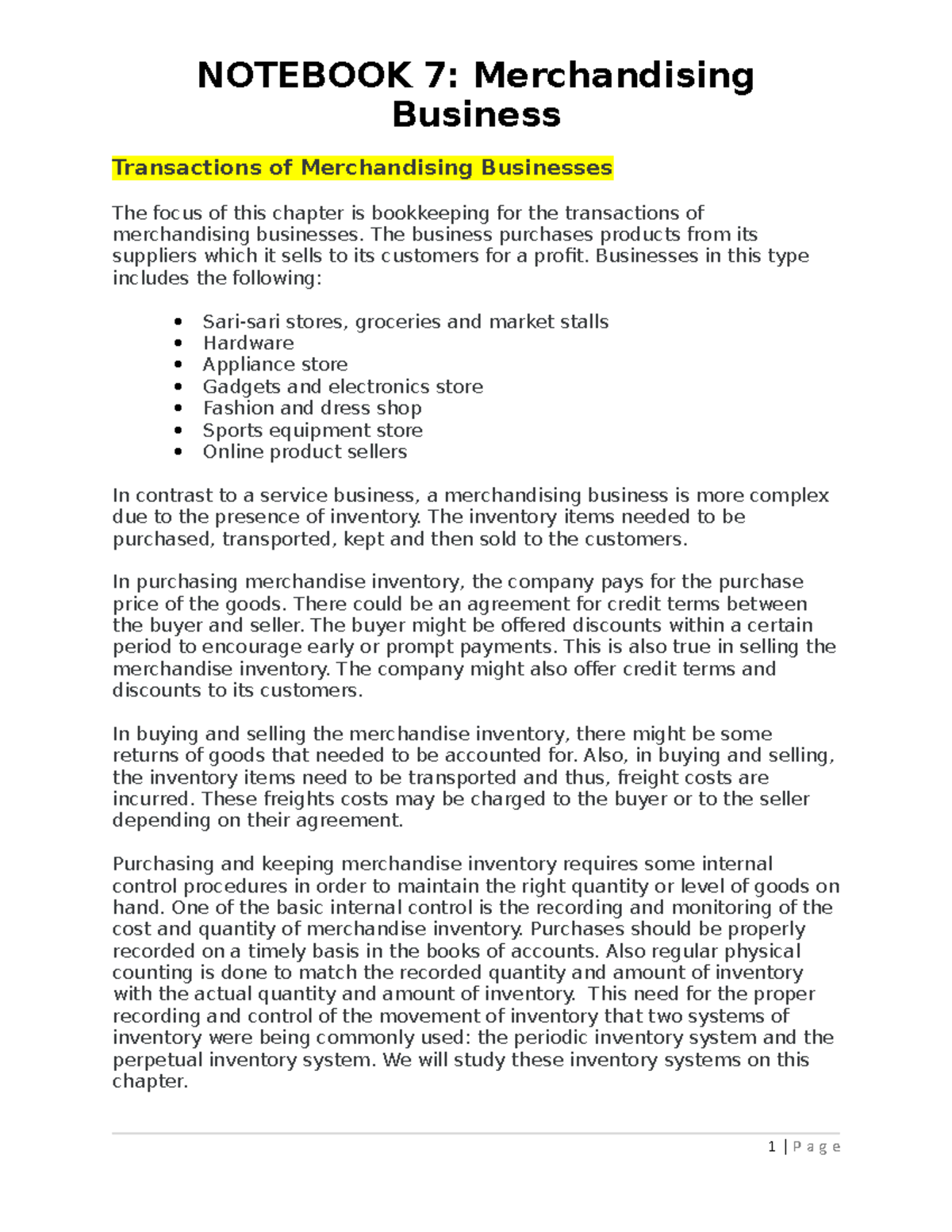 Notebook 7 - Merchandising Business - Business Transactions of ...
