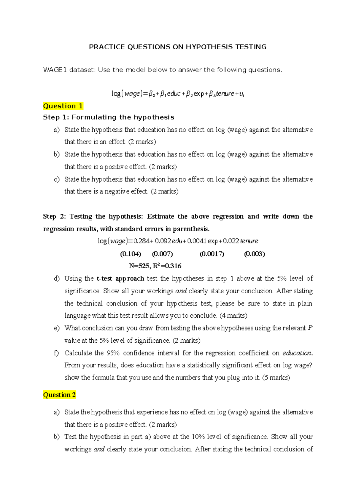 2024 Practice Questions ON Hypothesis Testing - PRACTICE QUESTIONS ON ...