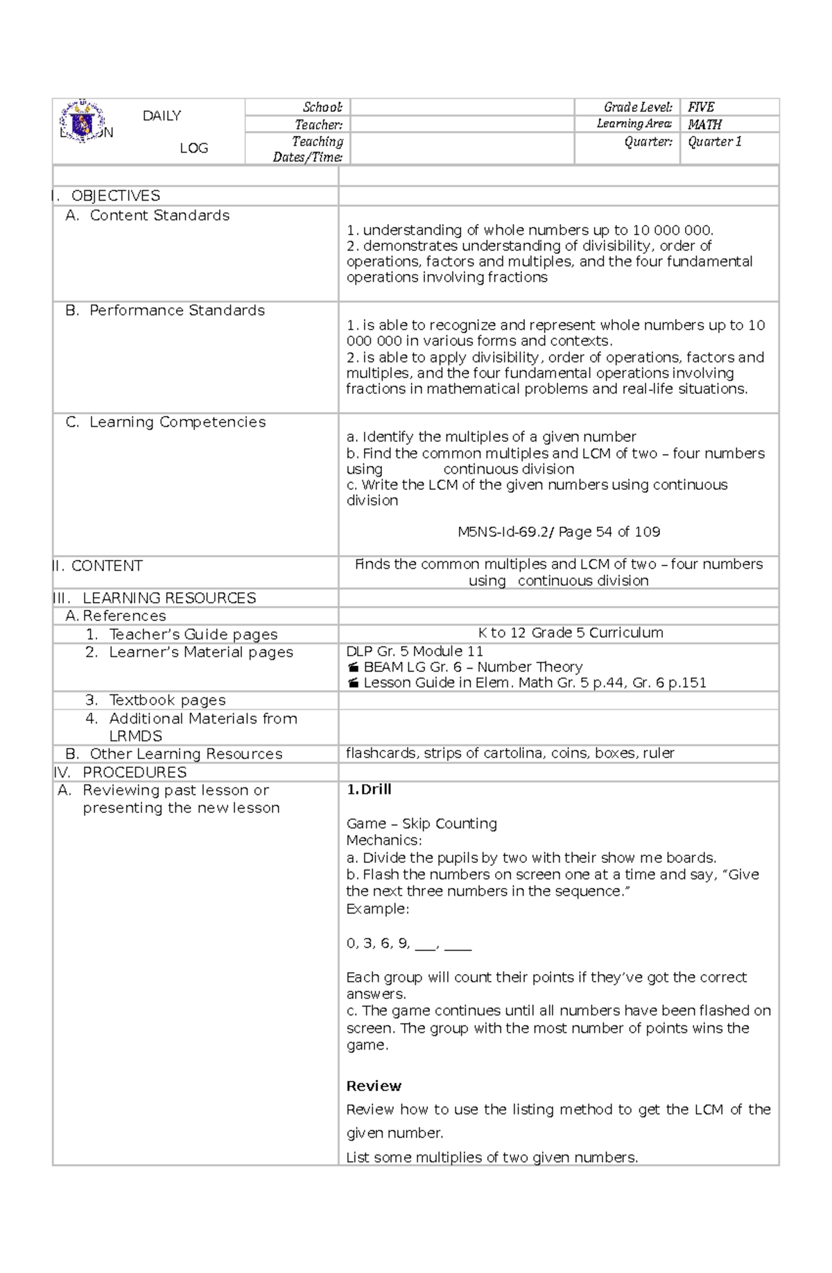 CO DLP MATH Grade 5 Q1 - Read it - DAILY LESSON LOG School: Grade Level ...