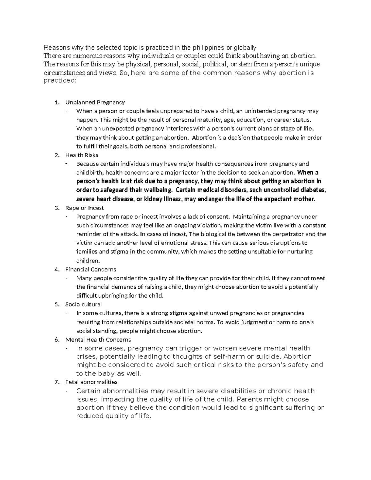 Abortion report draft - notes - Reasons why the selected topic is ...