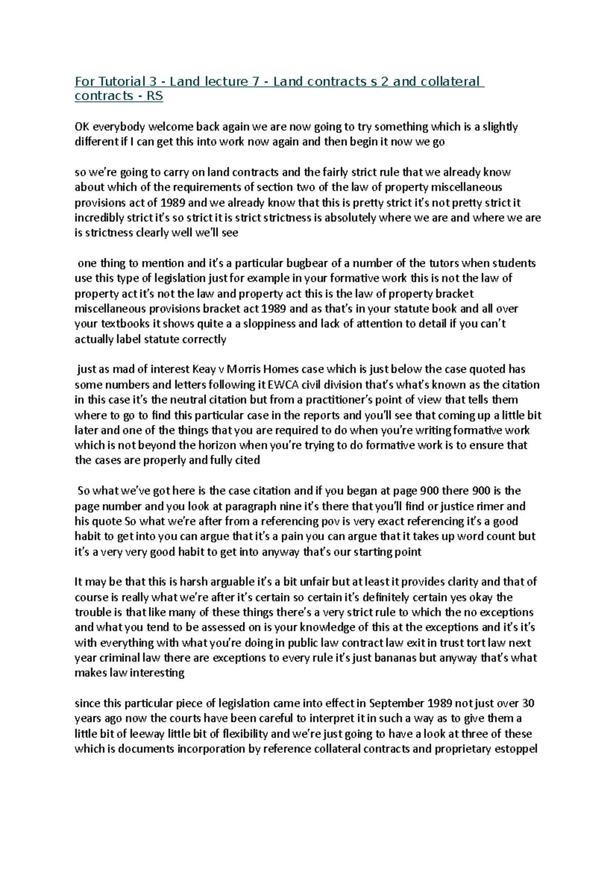 Land Lecture 7 - For Tutorial 3 - Land lecture 7 - Land contracts s 2 ...