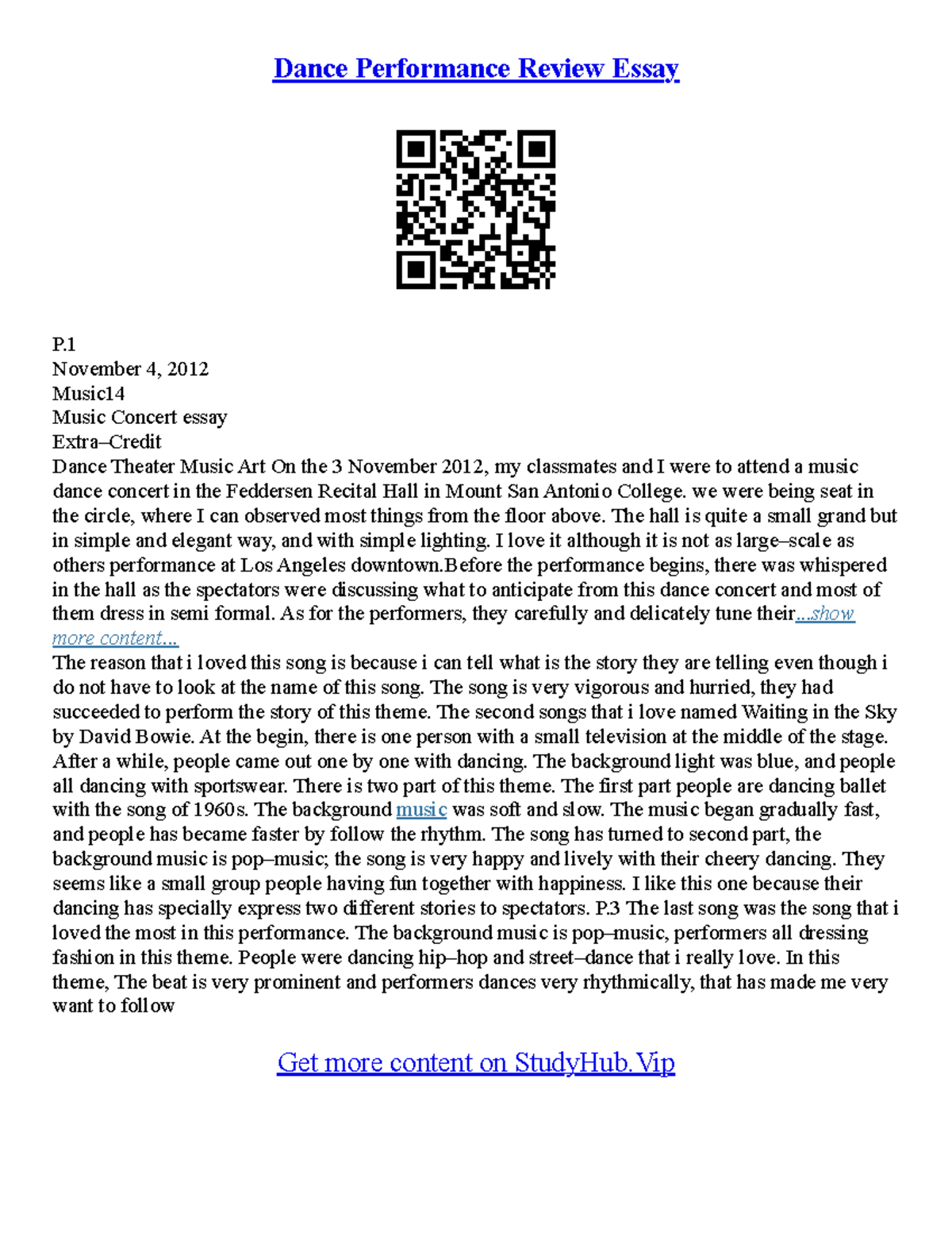 Dance Critique Essay - Dance Performance Review Essay P. November 4 ...