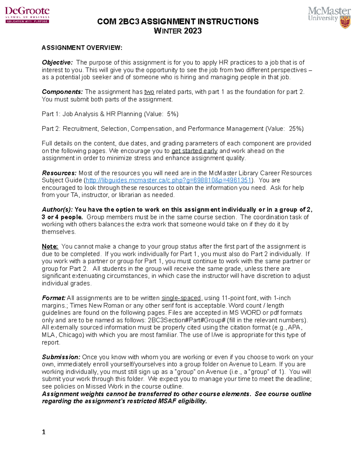 COMM 2BC3 Assignment Guidelines PART 1 - COM 2BC3 ASSIGNMENT ...