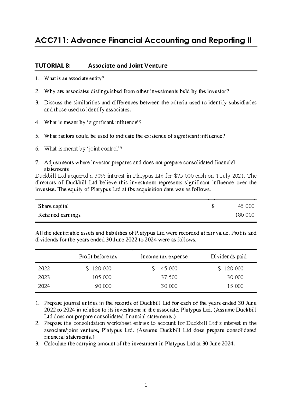 Tutorial 8 SC - Answers - 1 ACC711: Advance Financial Accounting and ...