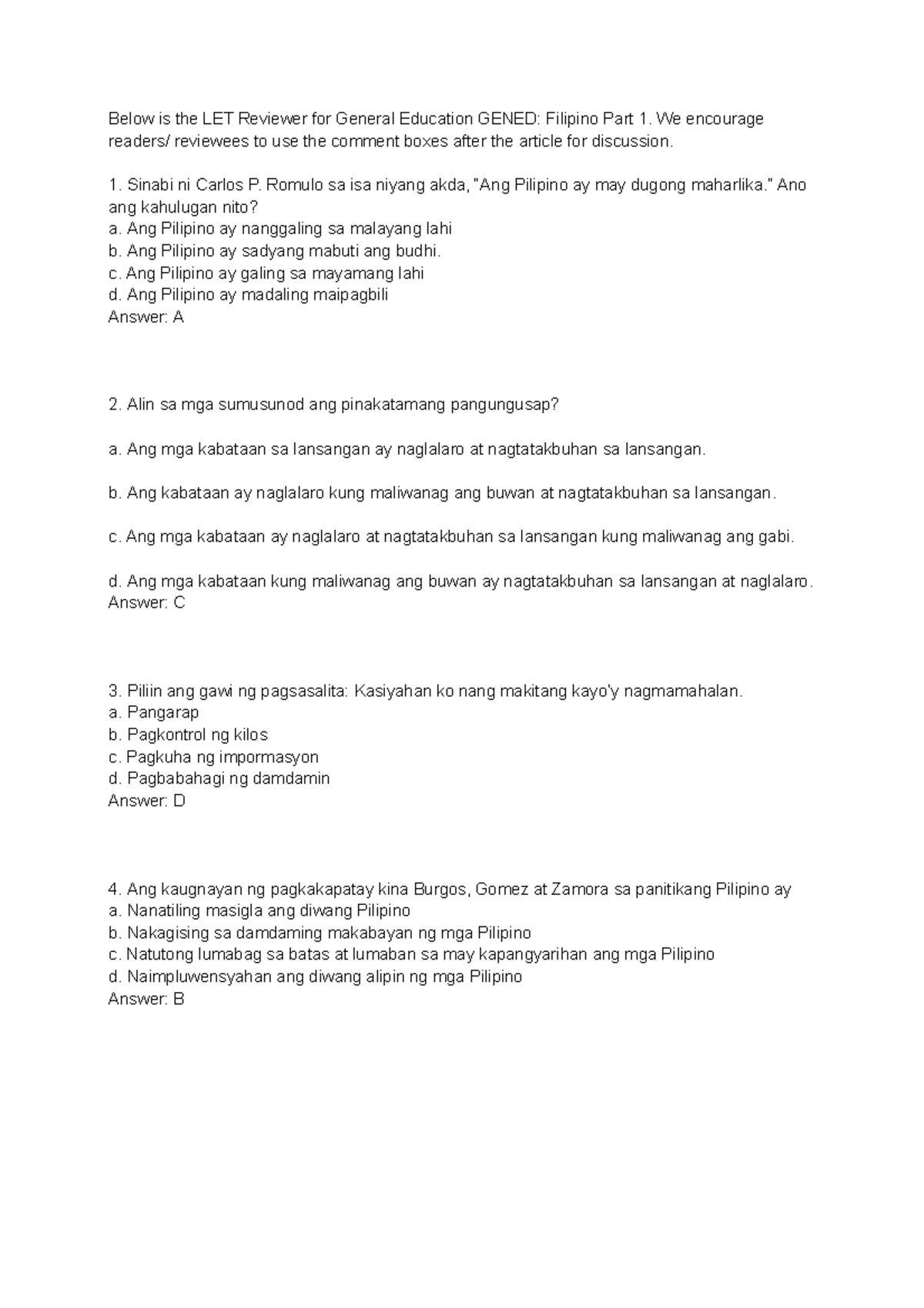 📍General Education- Filipino Part - Below is the LET Reviewer for ...