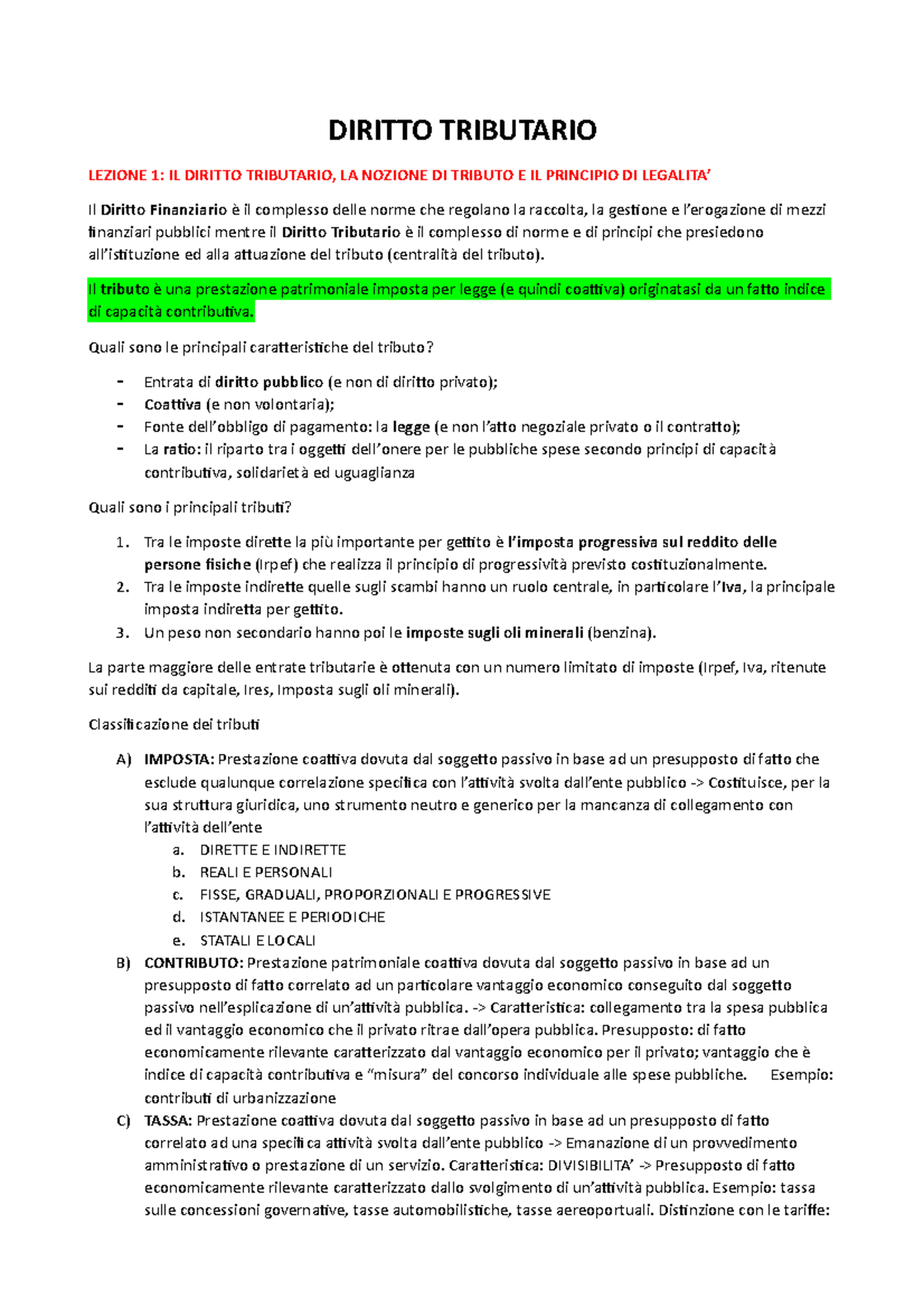 Diritto Tributario - appunti per esame - DIRITTO TRIBUTARIO LEZIONE 1: IL DIRITTO TRIBUTARIO, LA ...