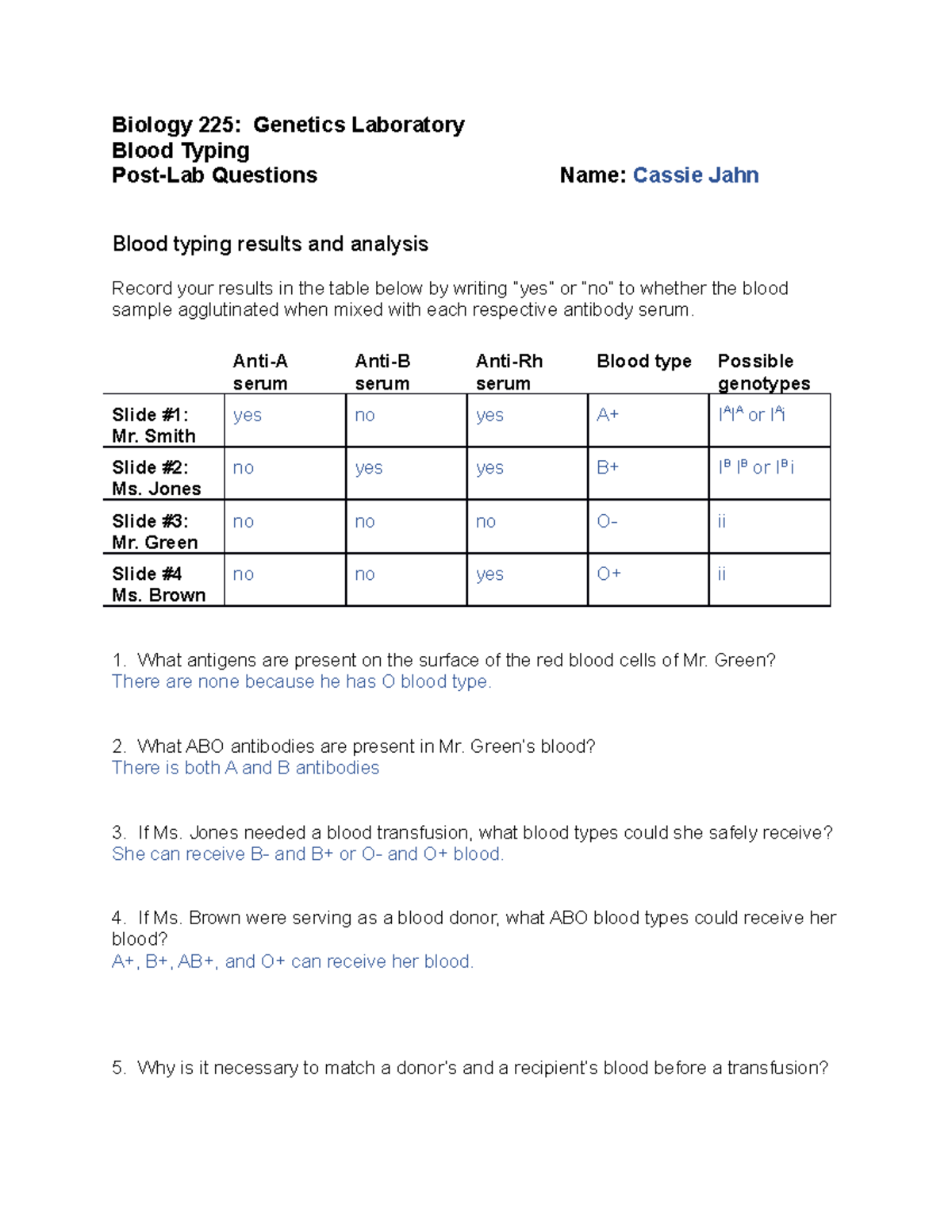 Blood Typing Post-Lab - Dr. Baker - Biology 225: Genetics Laboratory ...
