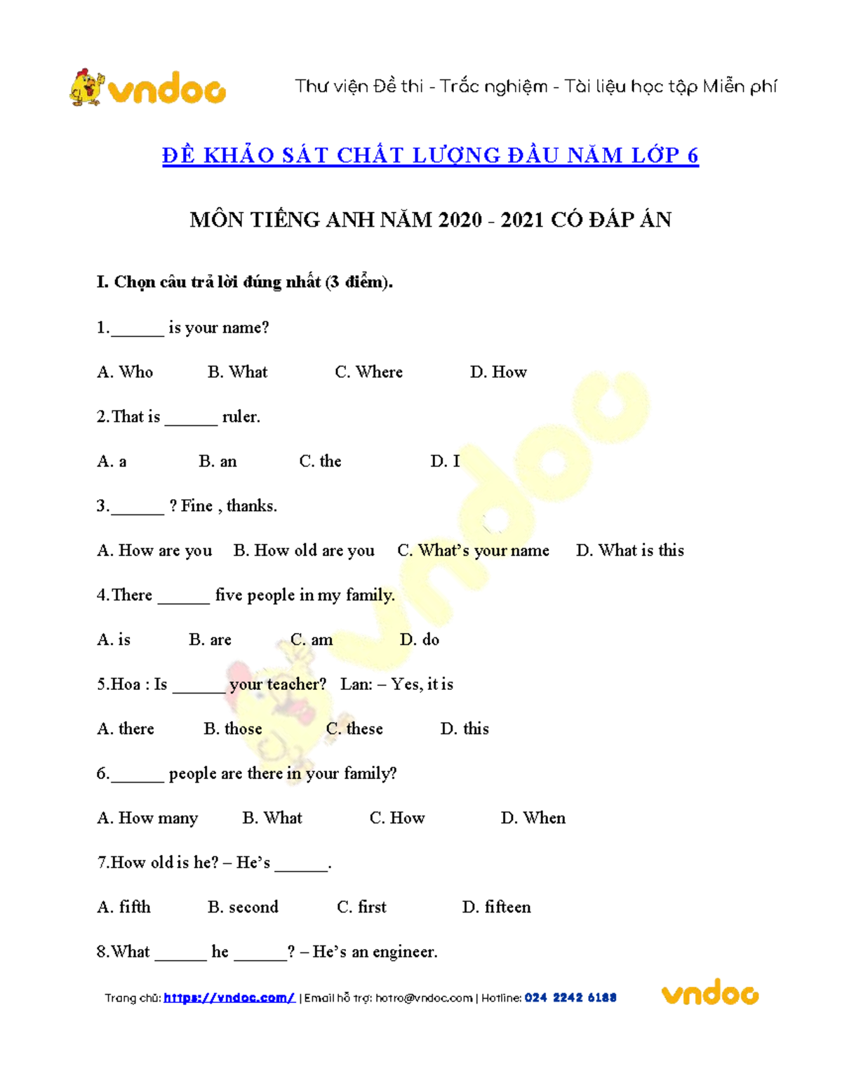De thi khao sat chat luong dau nam lop 6 mon tieng anh - ĐỀ KHẢO SÁT CHẤT LƯỢNG ĐẦU NĂM LỚP 6 ...