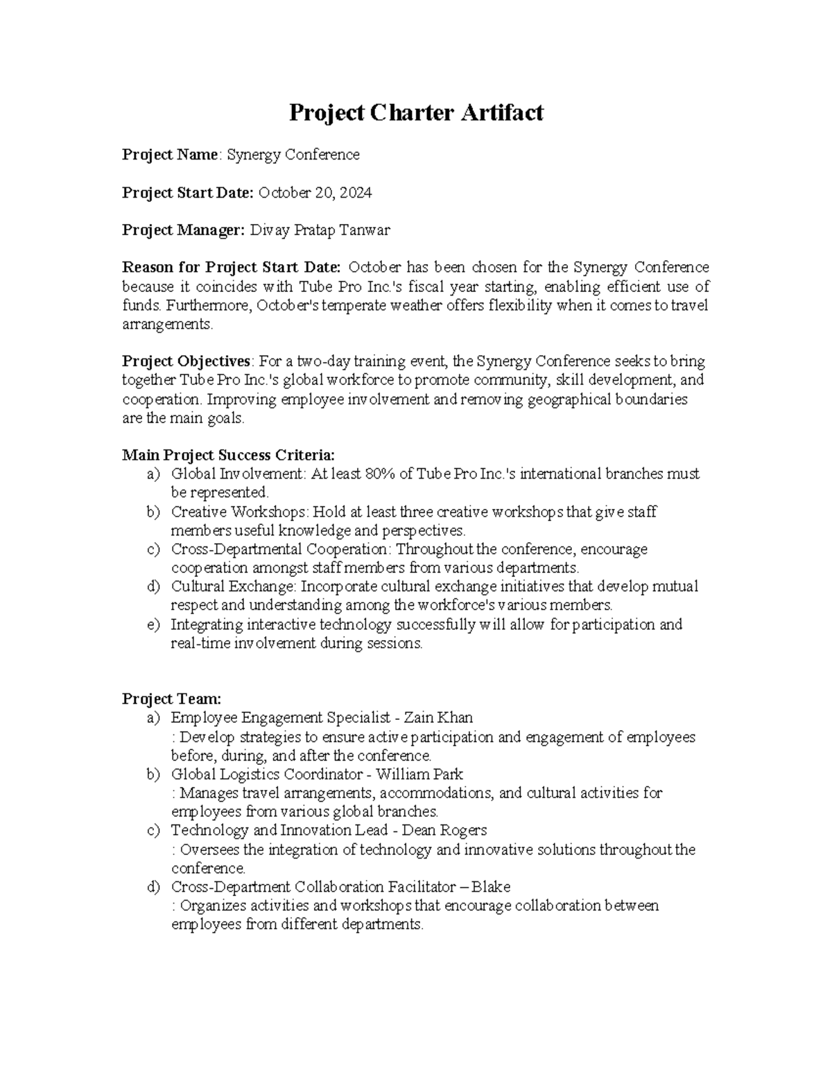 Assignment II - Project Charter Artifact Project Name: Synergy ...