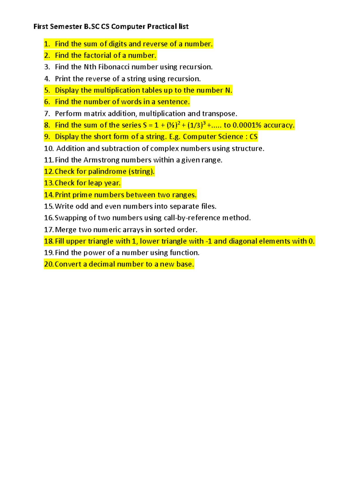 C Lab Program List First Semester B Cs Computer Practical List 1 Find The Sum Of Digits And
