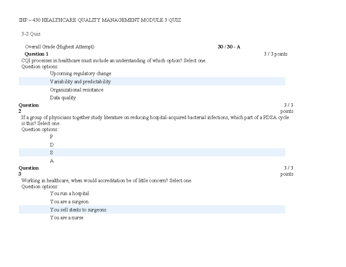IHP – 430 Healthcare Quality Management Module 3 QUIZ - IHP – 430 ...