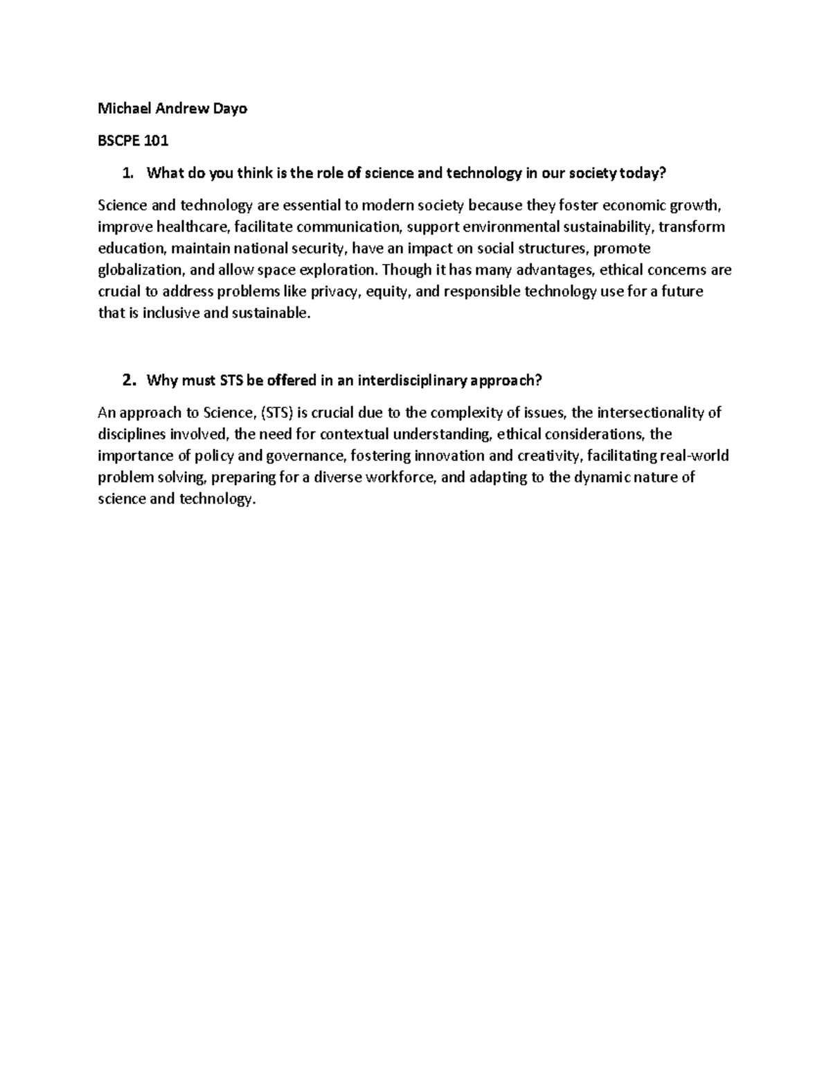 STS ACT - Michael Andrew Dayo BSCPE 101 1. What do you think is the ...