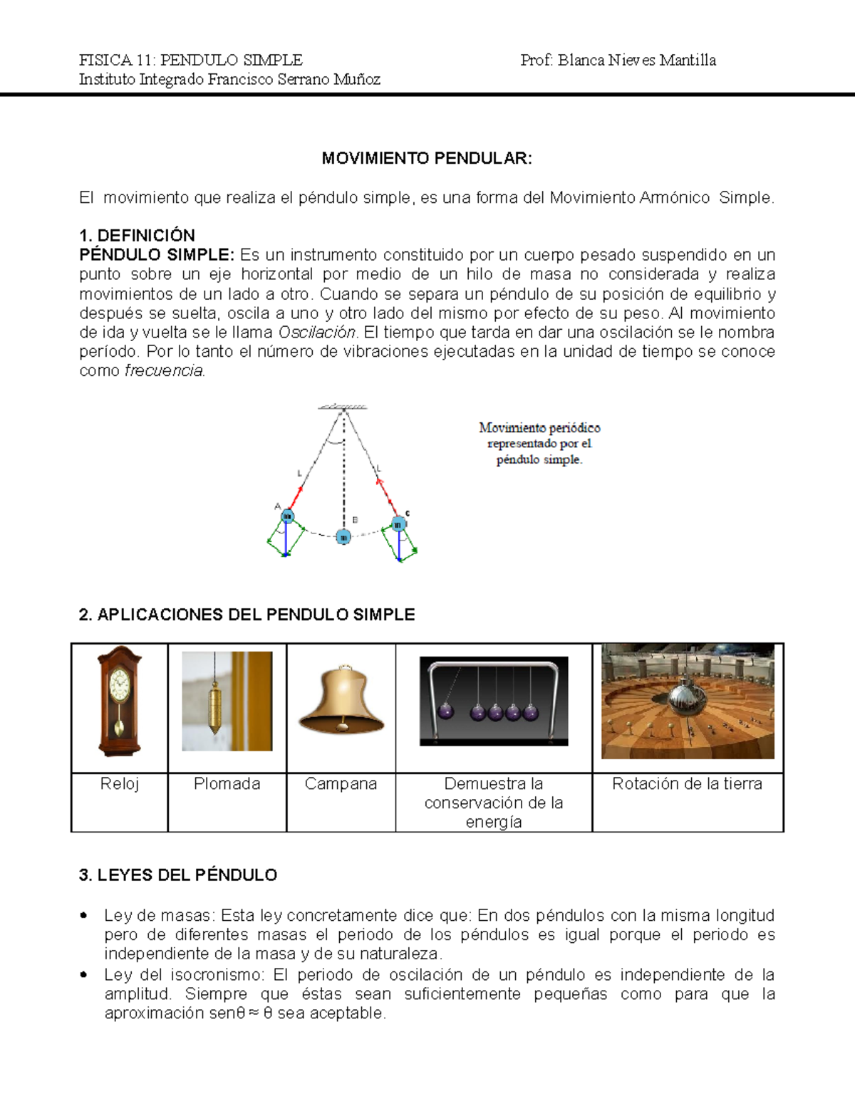 Movimiento-pendular-1 - FISICA 11: PENDULO SIMPLE Prof: Blanca Nieves ...