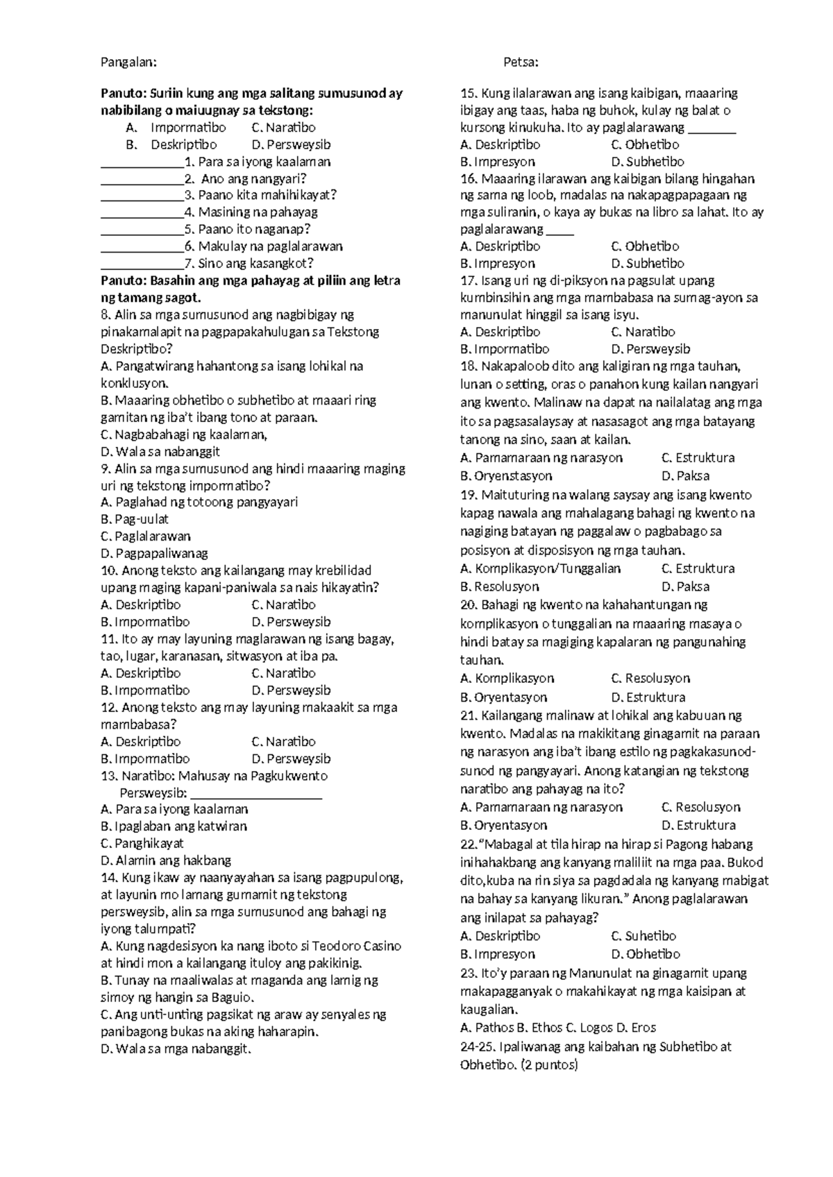 12 Grade EXAM - EXAM - Pangalan: Petsa: Panuto: Suriin kung ang mga ...