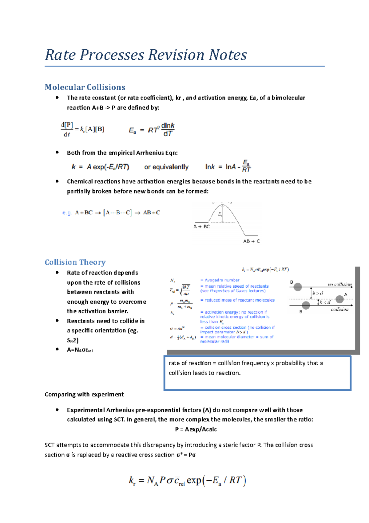 Rate Processes Revision Notes - Rate Processes Revision Notes Molecular ...