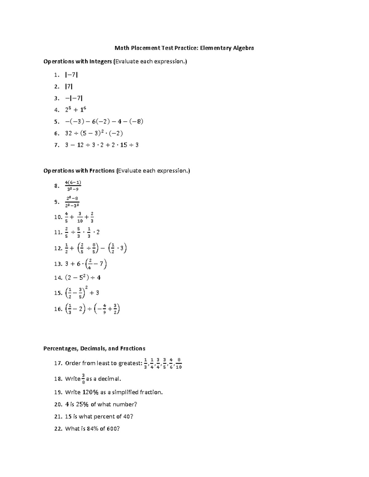 Elementary Algebra Practice Math Placement Test Practice Elementary